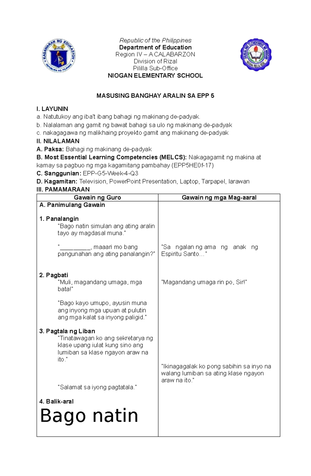 Masusing Banghay Aralin sa EPP 5: Bahagi ng Makinang De-Padyak - Studocu