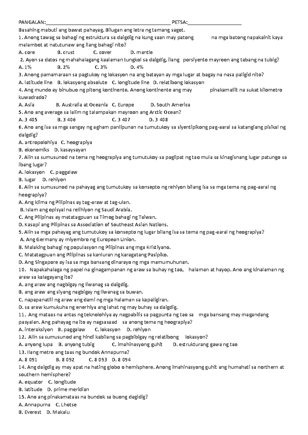 AP 8 TAKE HOME Activity: Katangiang Pisikal ng Daigdig Quiz - Studocu