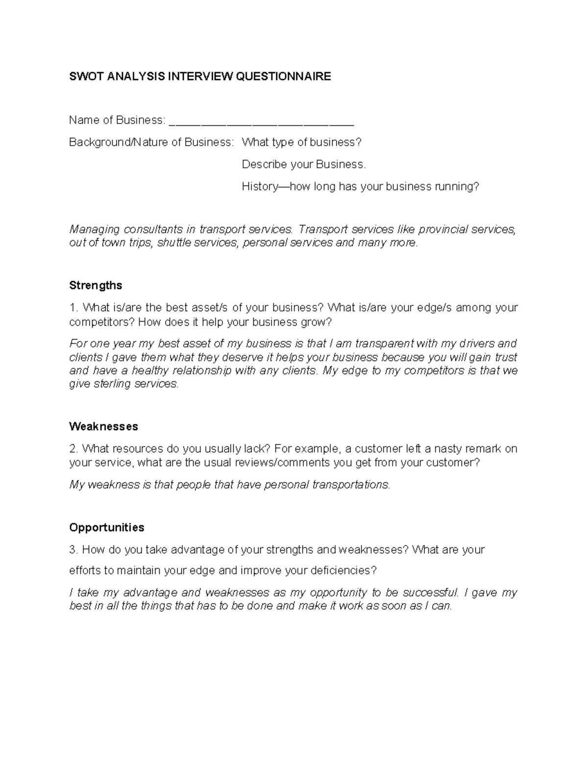 SWOT Analysis Interview Questionnaire - SWOT ANALYSIS INTERVIEW ...