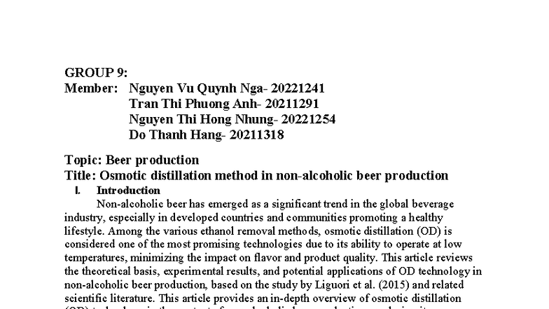 Osmotic Distillation Method in Beer Production - Tech Cuối Kỳ - Studocu