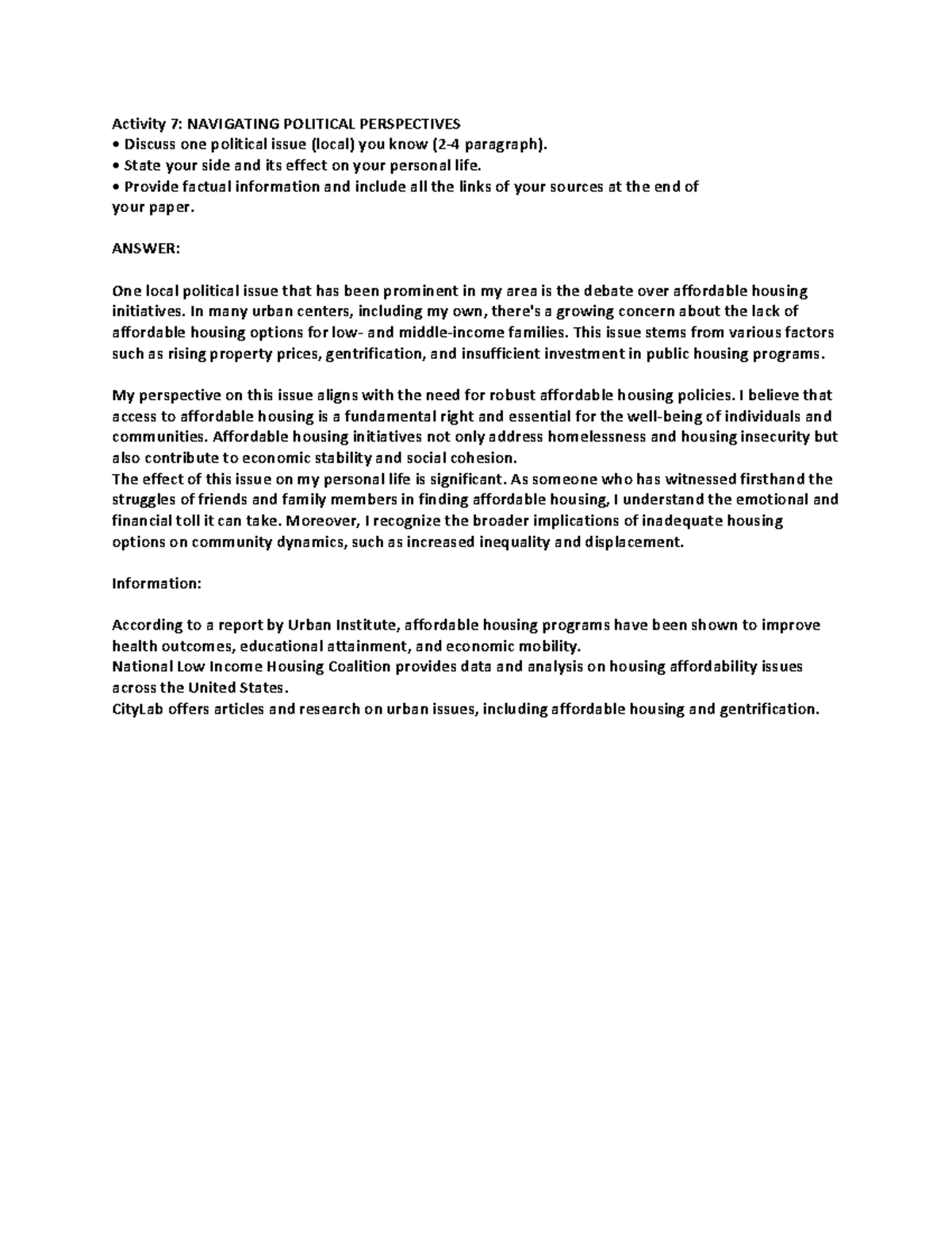 Activity 7: Navigating Local Political Perspectives on Housing Issues ...