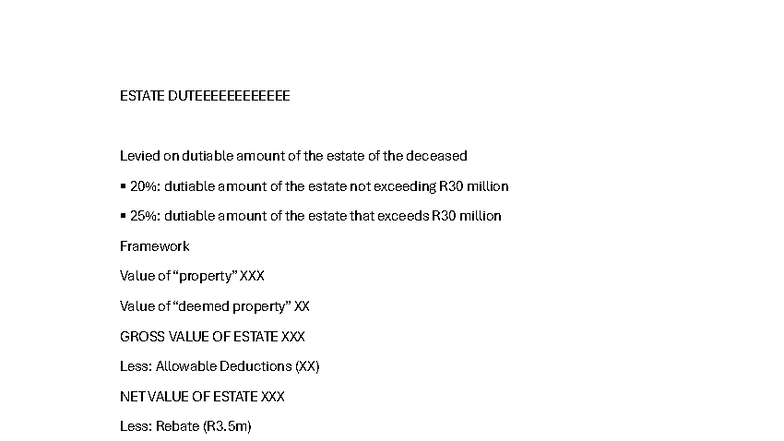 Estate Duty Framework: Dutiable Amounts & Taxable Assets - Studocu