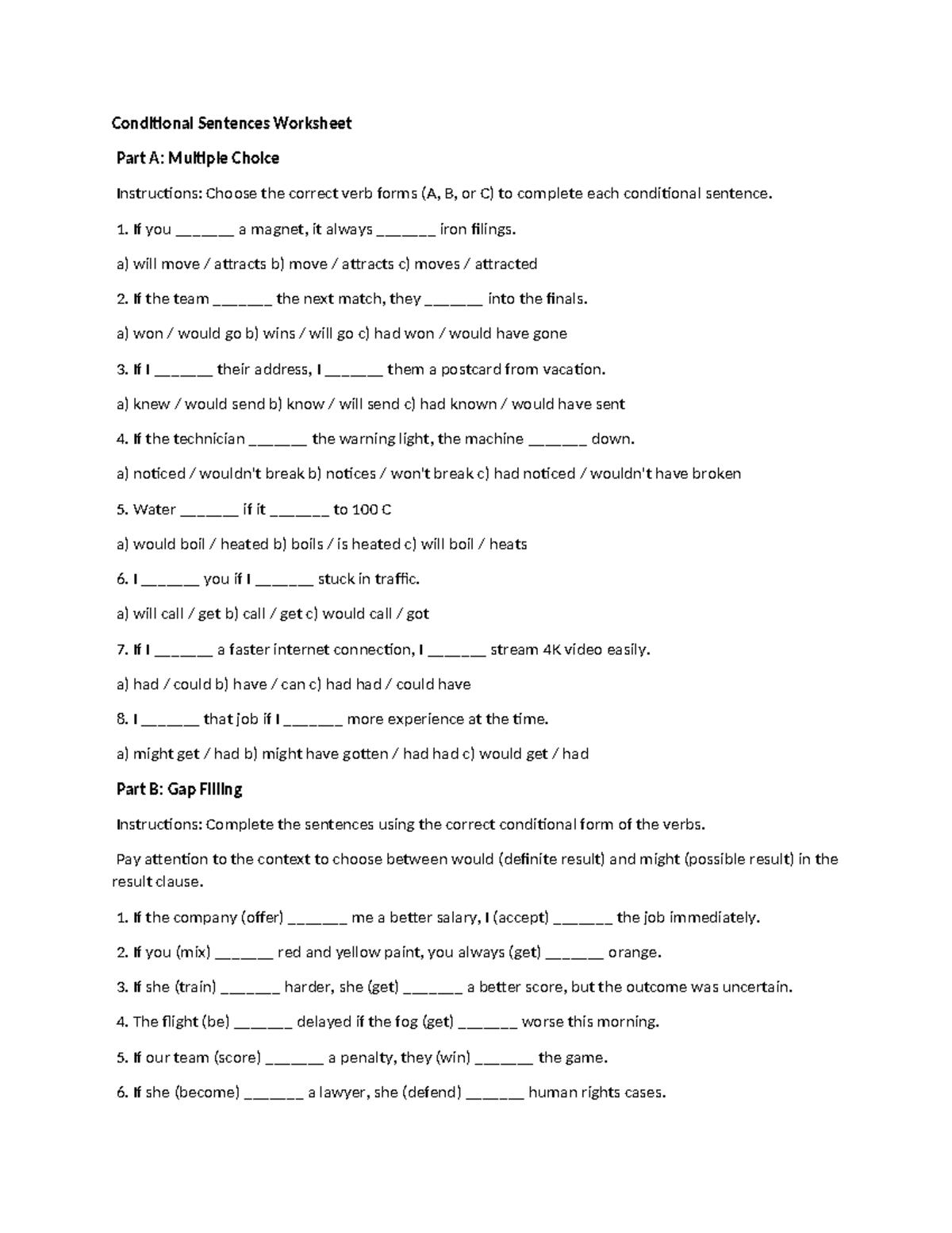 Conditional Sentences Worksheet: Multiple Choice & Gap Filling ...