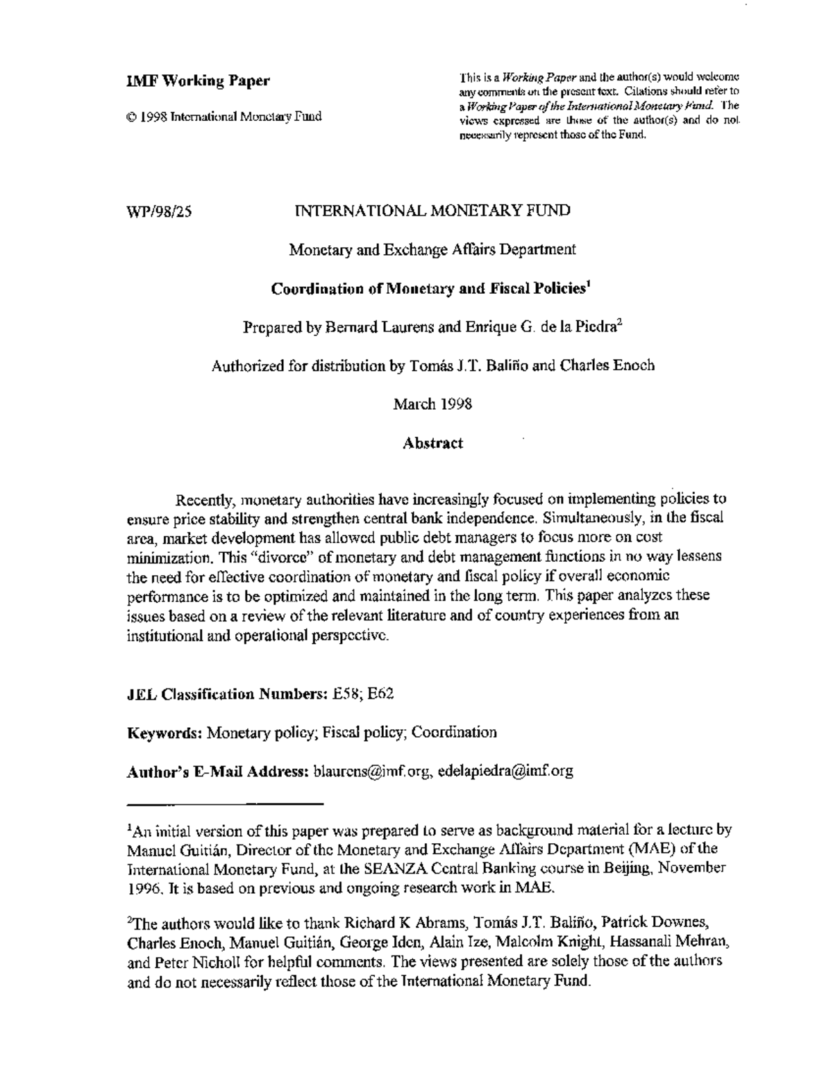 IMF Working Paper: Coordination of Monetary and Fiscal Policies (WP/98/ ...