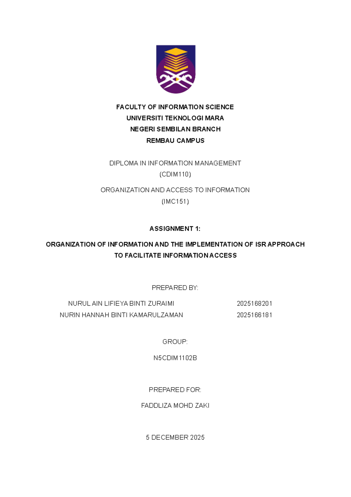 IMC151 Assignment 1: Organizing Information & ISR Implementation - Studocu