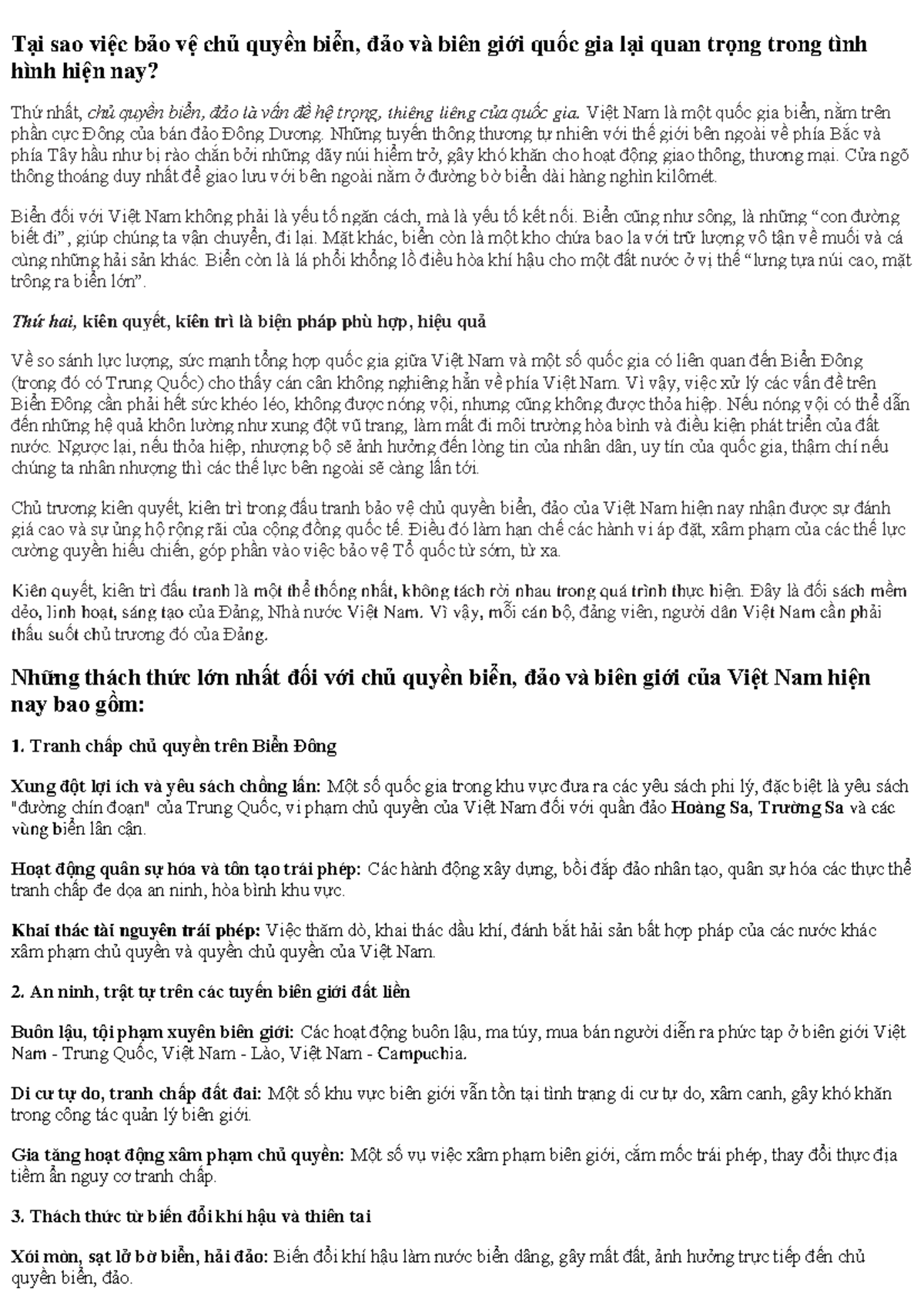 Bảo Vệ Chủ Quyền Biển, Đảo và Biên Giới Quốc Gia: Tầm Quan Trọng và Thách Thức - Studocu