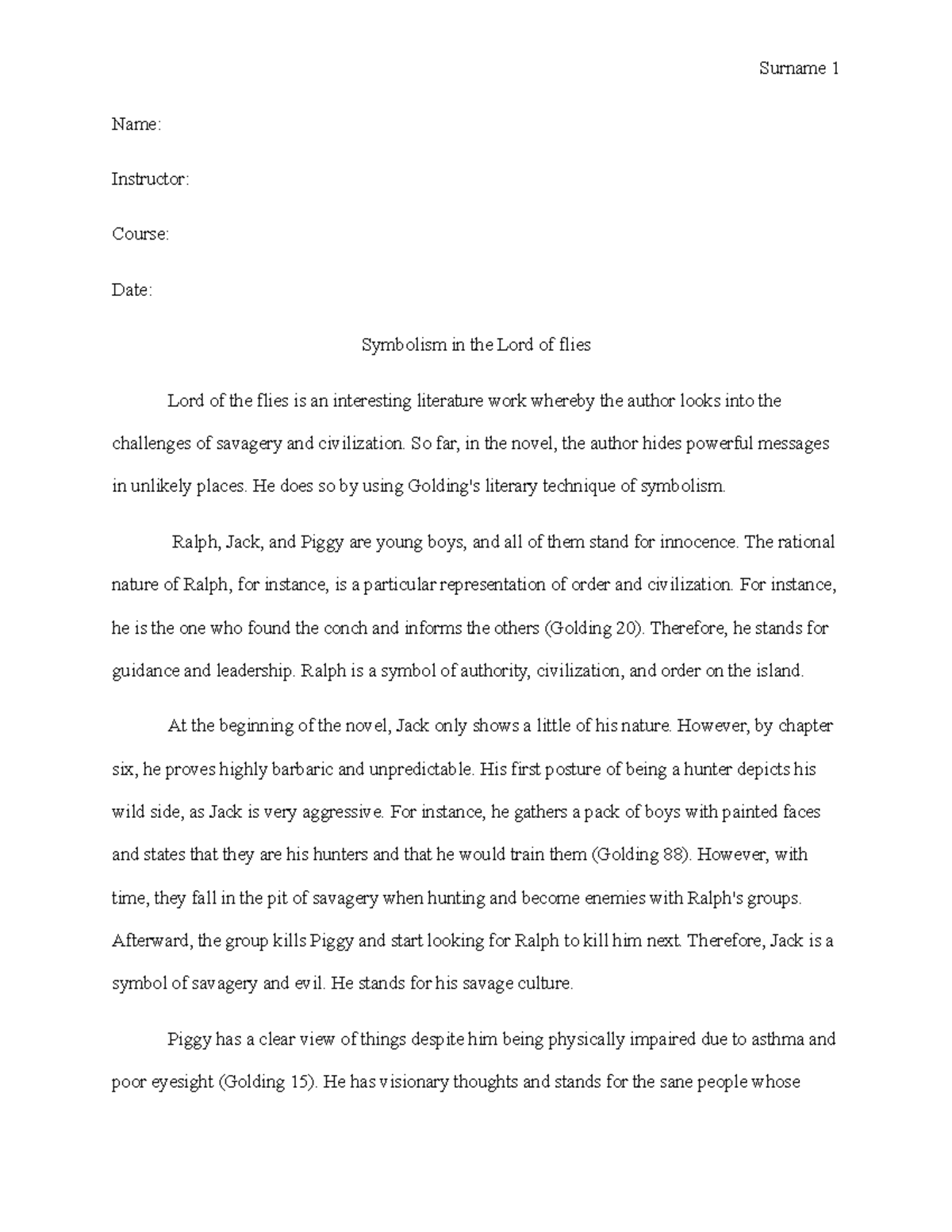 ENGL 101: Symbolism Analysis in "Lord of the Flies" Literature Essay ...