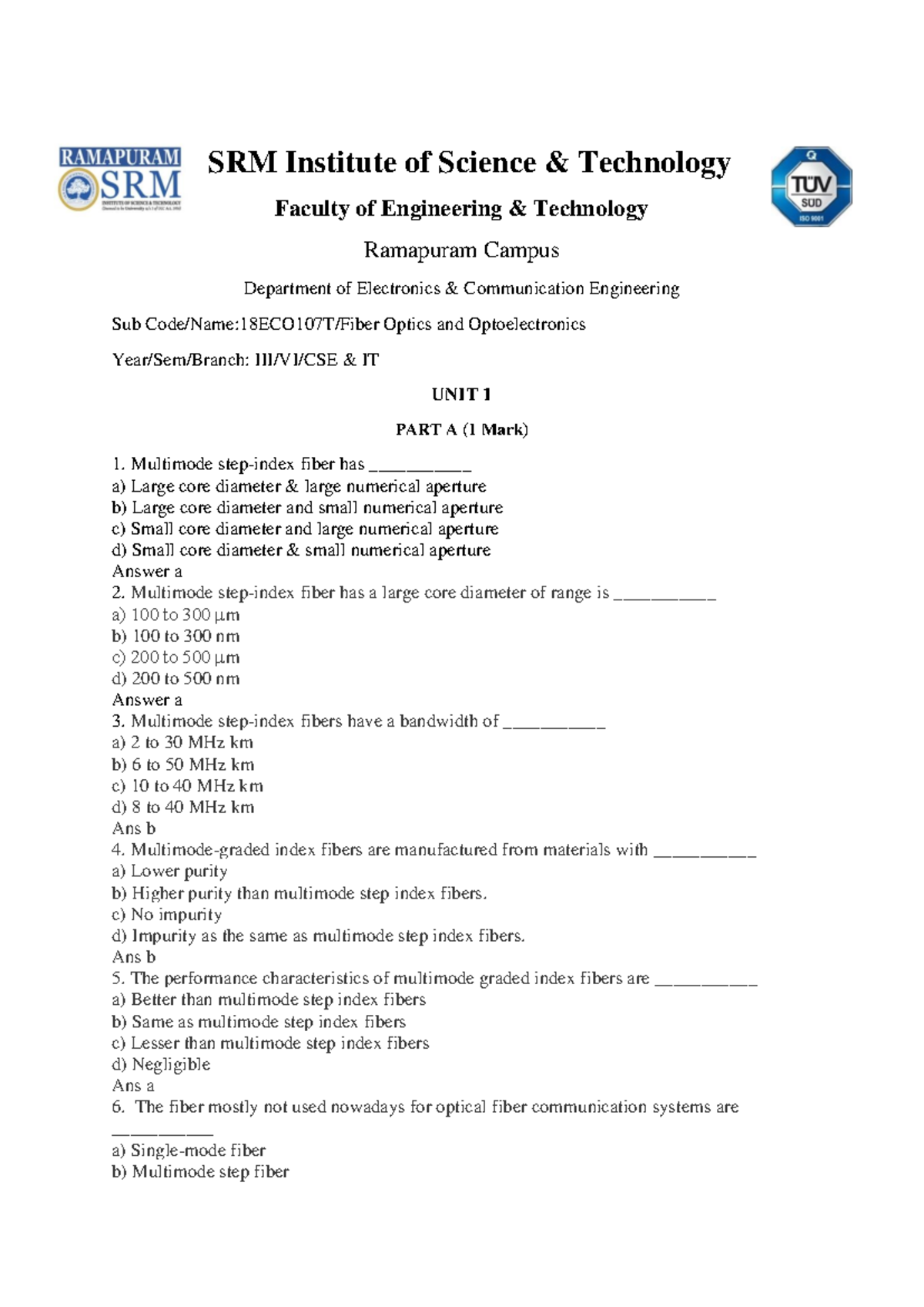 UNIT 1 QB - Good - SRM Institute of Science & Technology Faculty of ...