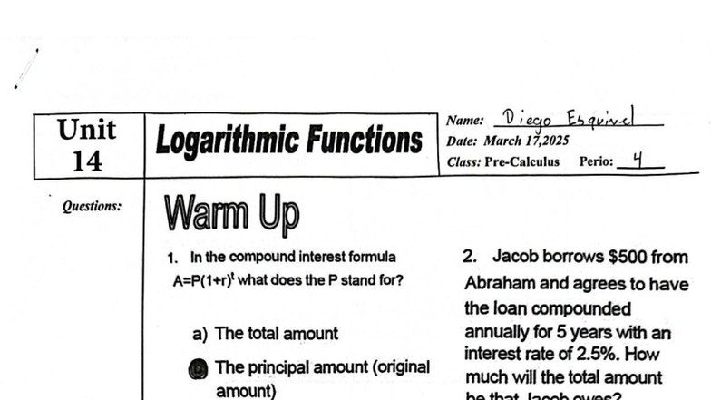Unit 14: Logarithmic Functions - Warm Up Questions and Summary - Studocu