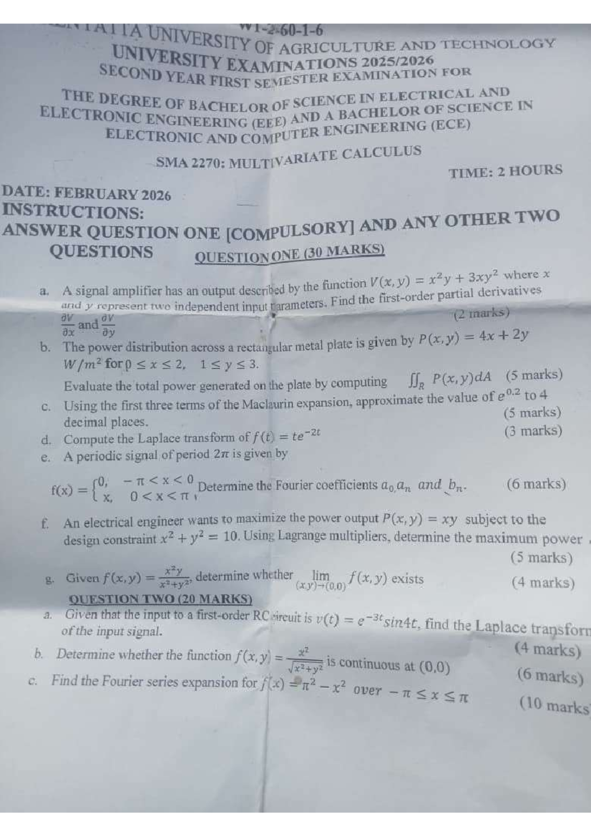 SMA 2270: Multivariate Calculus Exam Questions and Solutions - Studocu