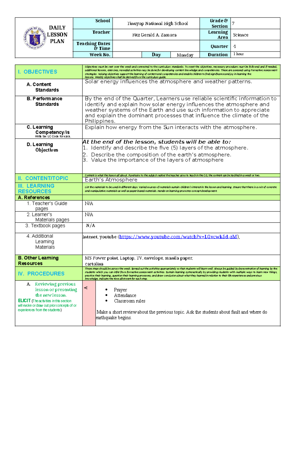 Science 7 COT: Lesson Plan on Atmosphere Layers and Learning Objectives ...