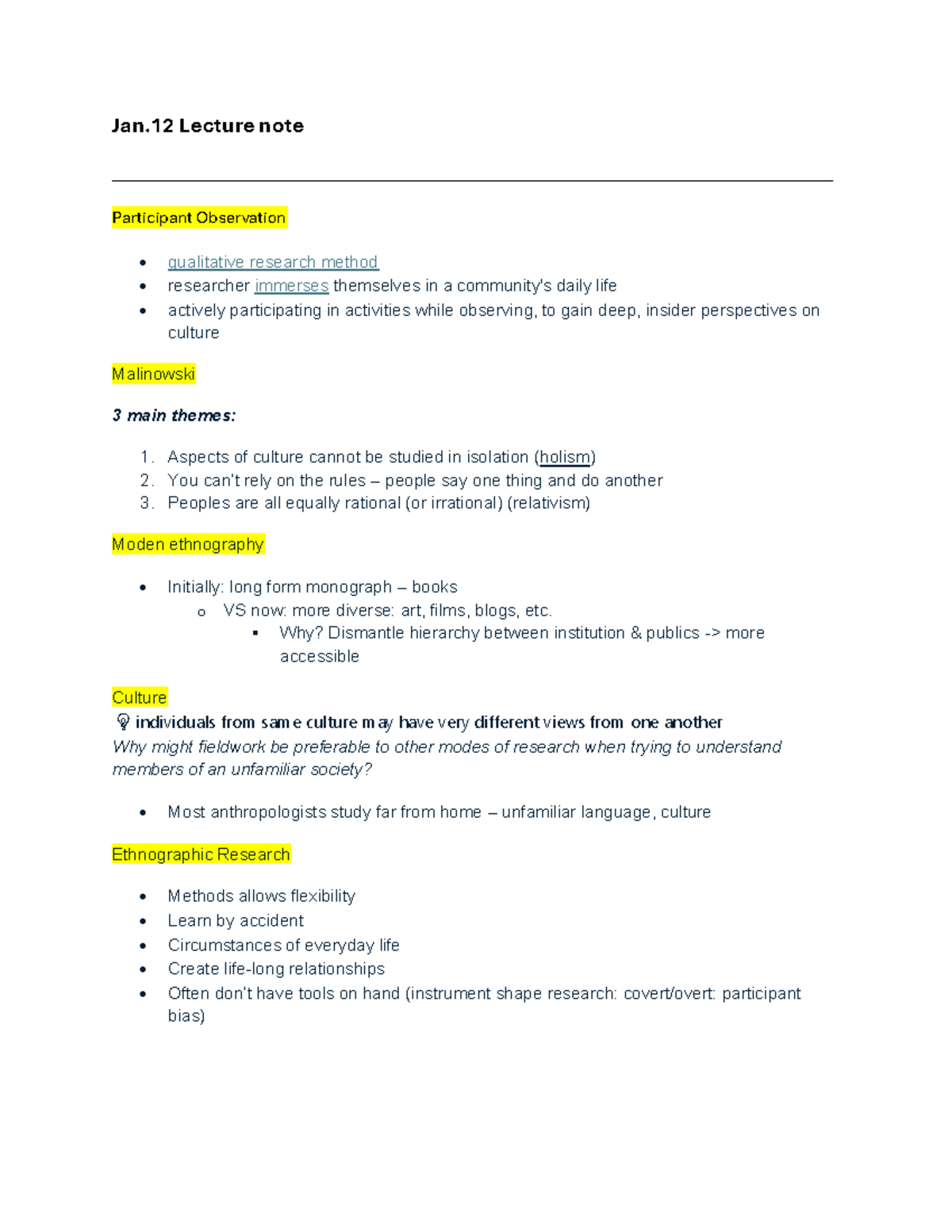 Jan. 12 Lecture Note: Participant Observation in Qualitative Research ...