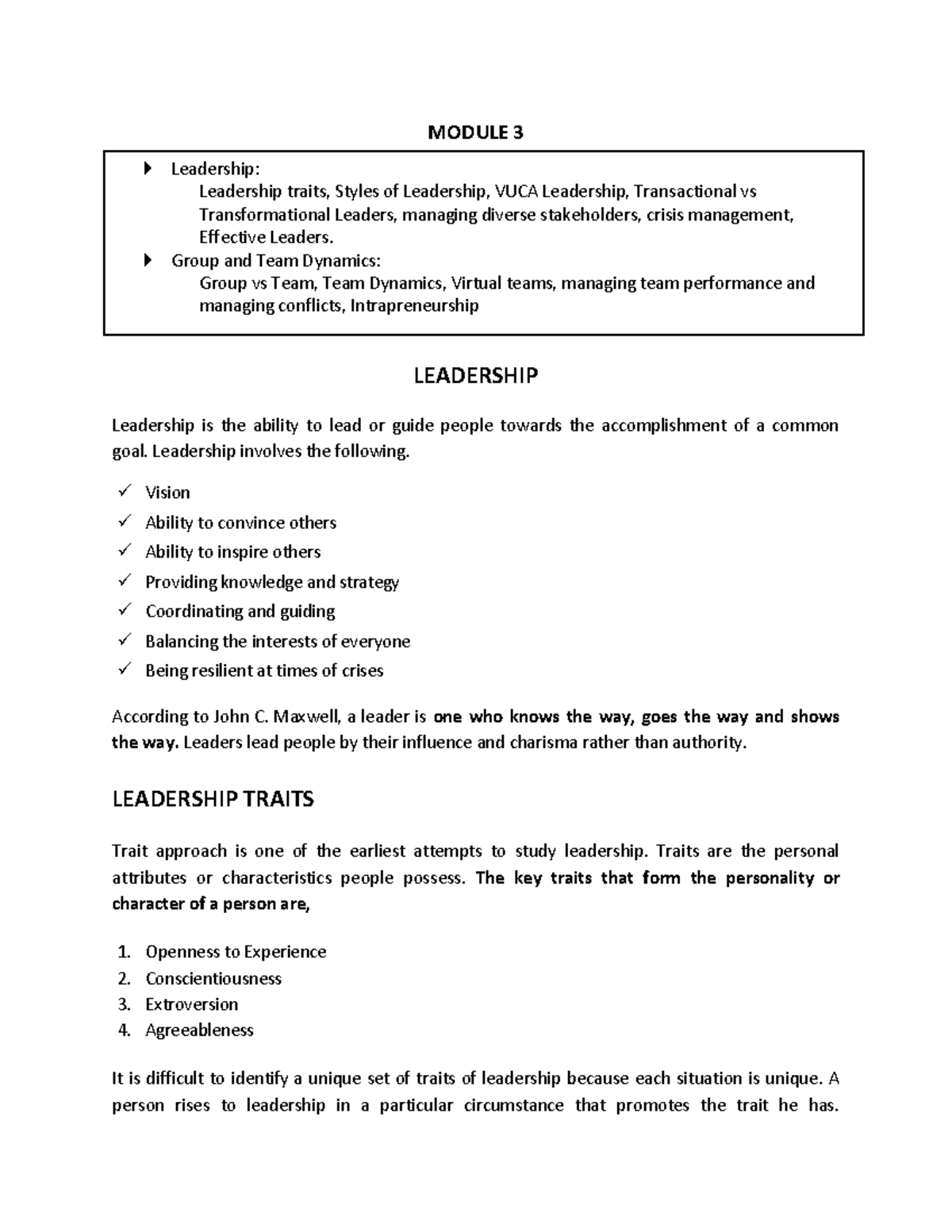 LS mod 3 notes - nil - MODULE 3 LEADERSHIP Leadership is the ability to ...