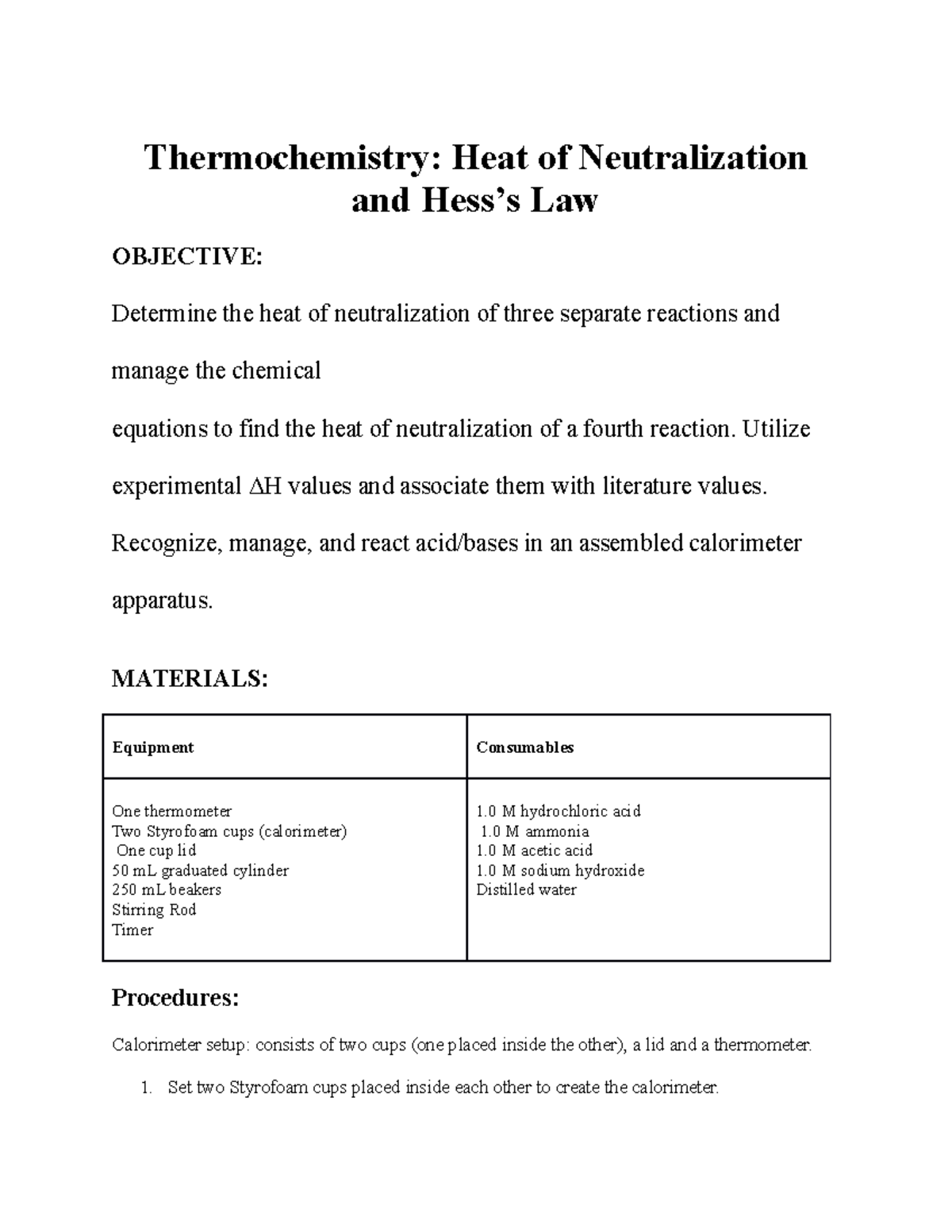 Lab 6 Report: Thermochemistry of Heat of Neutralization (Chem 101 ...