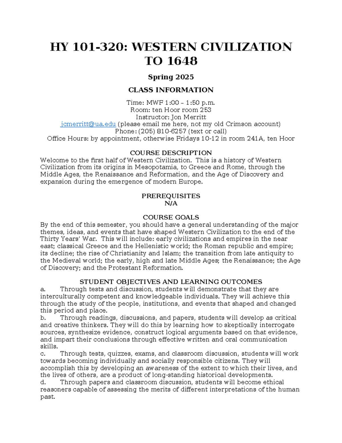 HY 101 Spring 2025 - Syllabus & Grading Expectations for Western ...