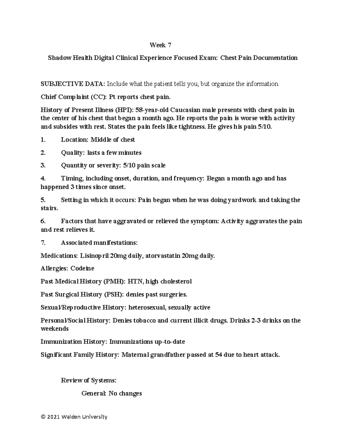 Week 7 Shadow Health Focused Exam: Chest Pain Assessment ...