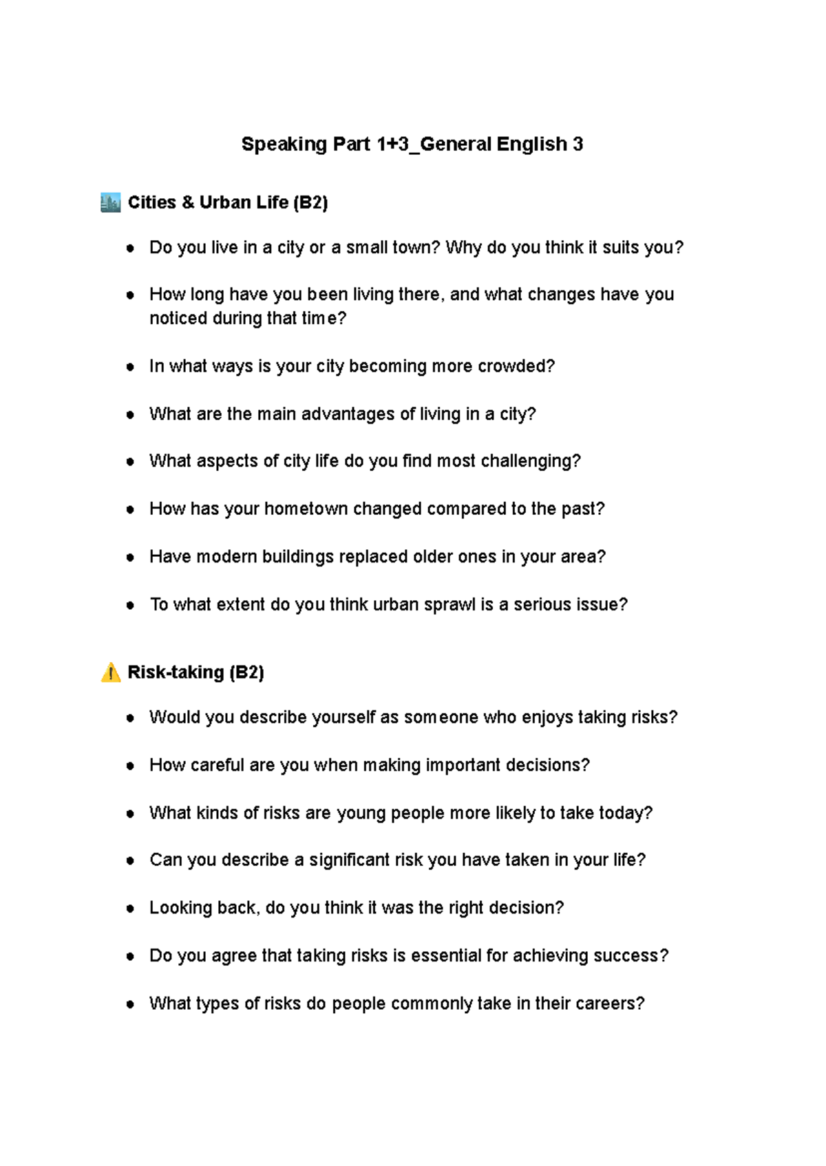 Speaking Part 1 & 3 Final Speaking Tests 3A (B2) - Studocu