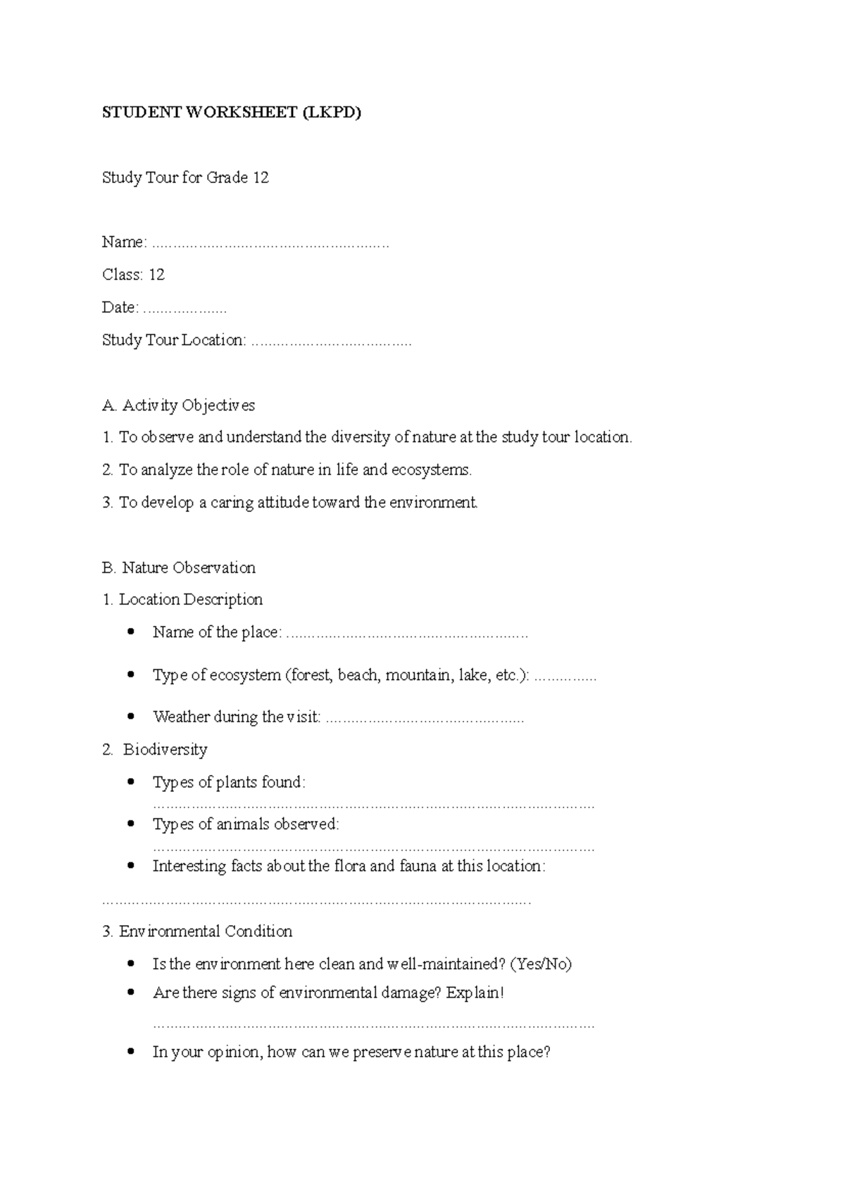LKPD Study Tour Worksheet for Grade 12: Nature Observation - Studocu