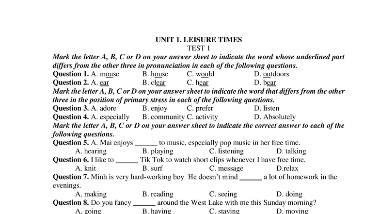 UNIT 1, 2, 3: LEISURE TIMES & LIFE IN THE COUNTRYSIDE TESTS - Studocu