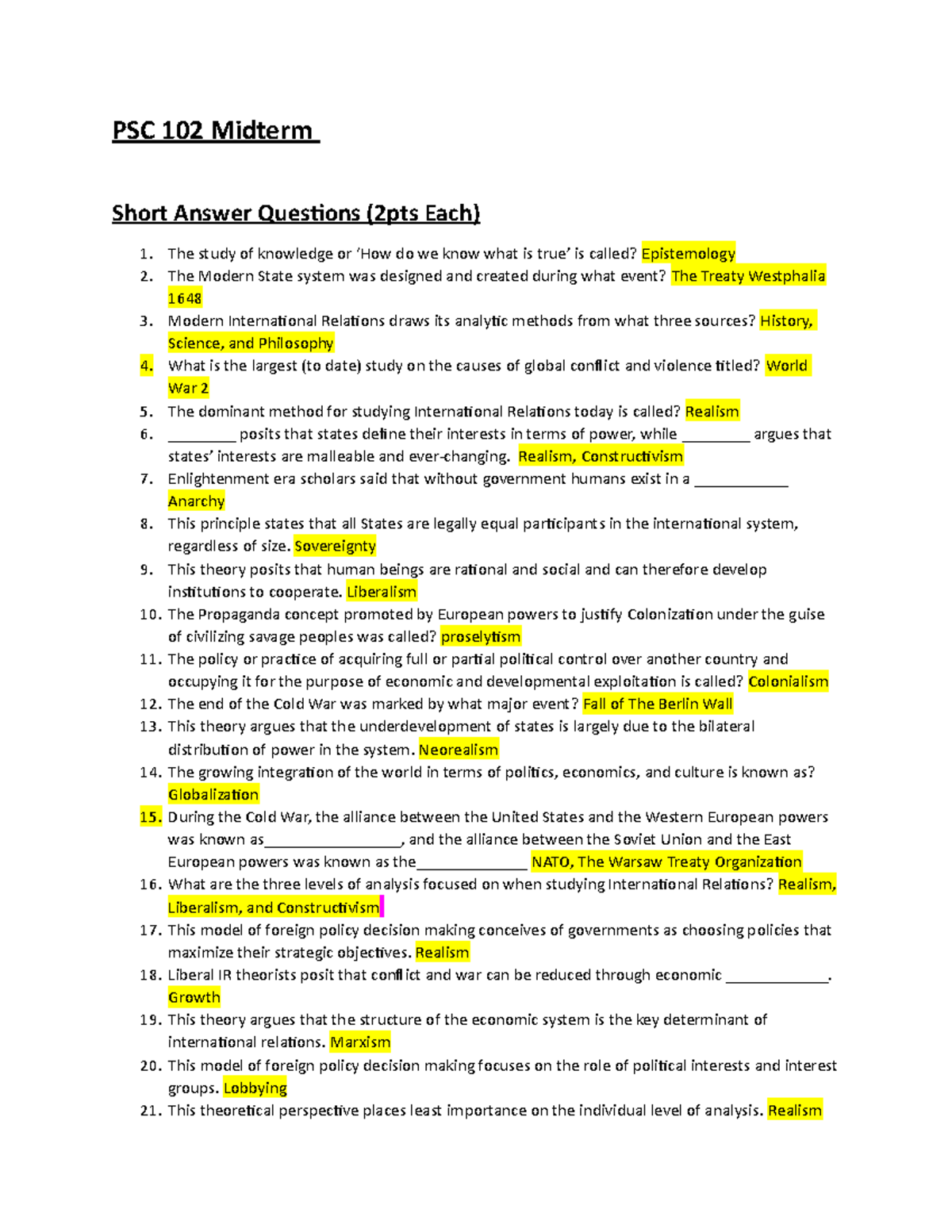 PSC 102 - 10 Midterm Study Guide: Key Concepts & Questions - Studocu