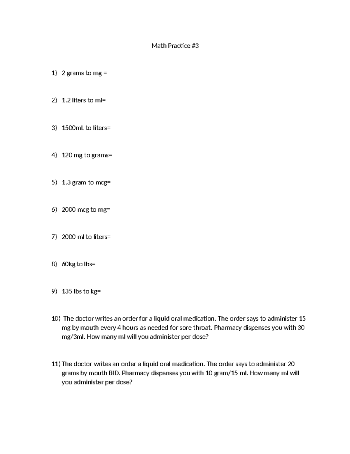 Medication Calculation Practice Questions - Math Practice #3 - Studocu