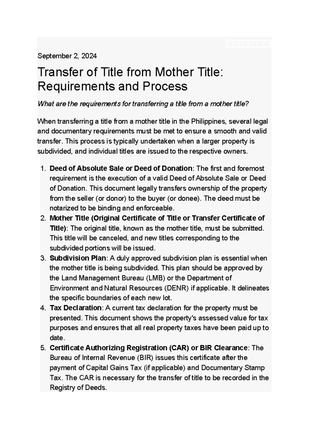 Transfer of Title from Mother Title: Requirements & Process - Studocu