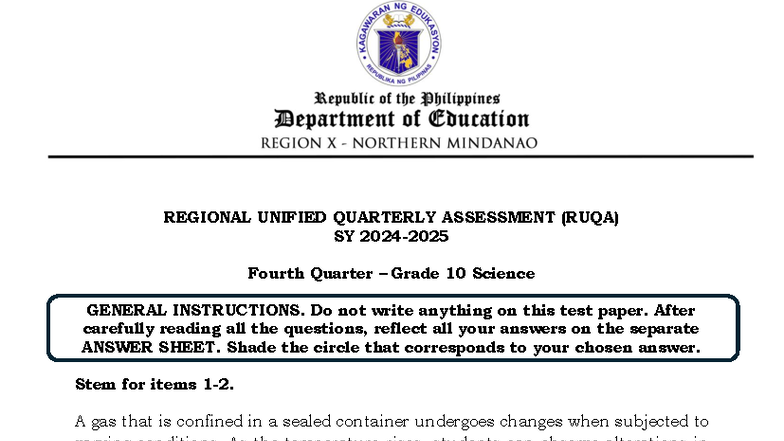 RUQA SY Grade 10 Science 4th Quarter Assessment Guide - Studocu
