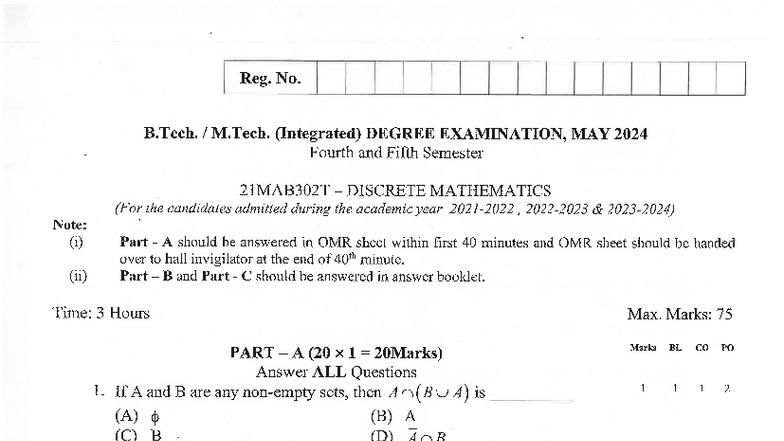 B.Tech. 18MAB302T Discrete Mathematics May 2024 Question Paper - Studocu