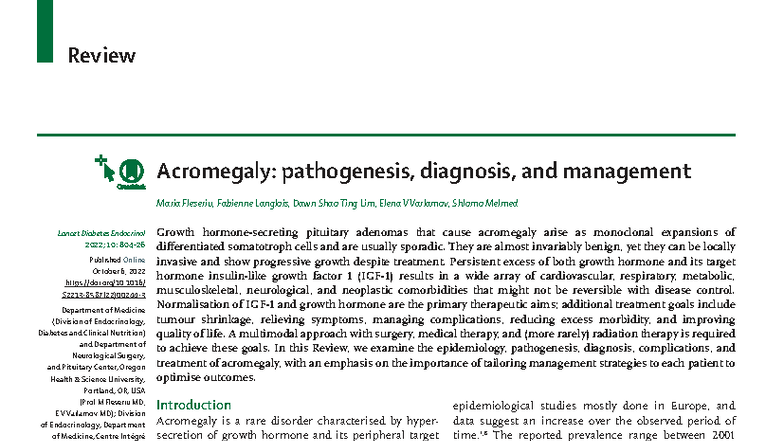 Acromegaly: Pathogenesis, Diagnosis, and Management Review (2022) - Studocu