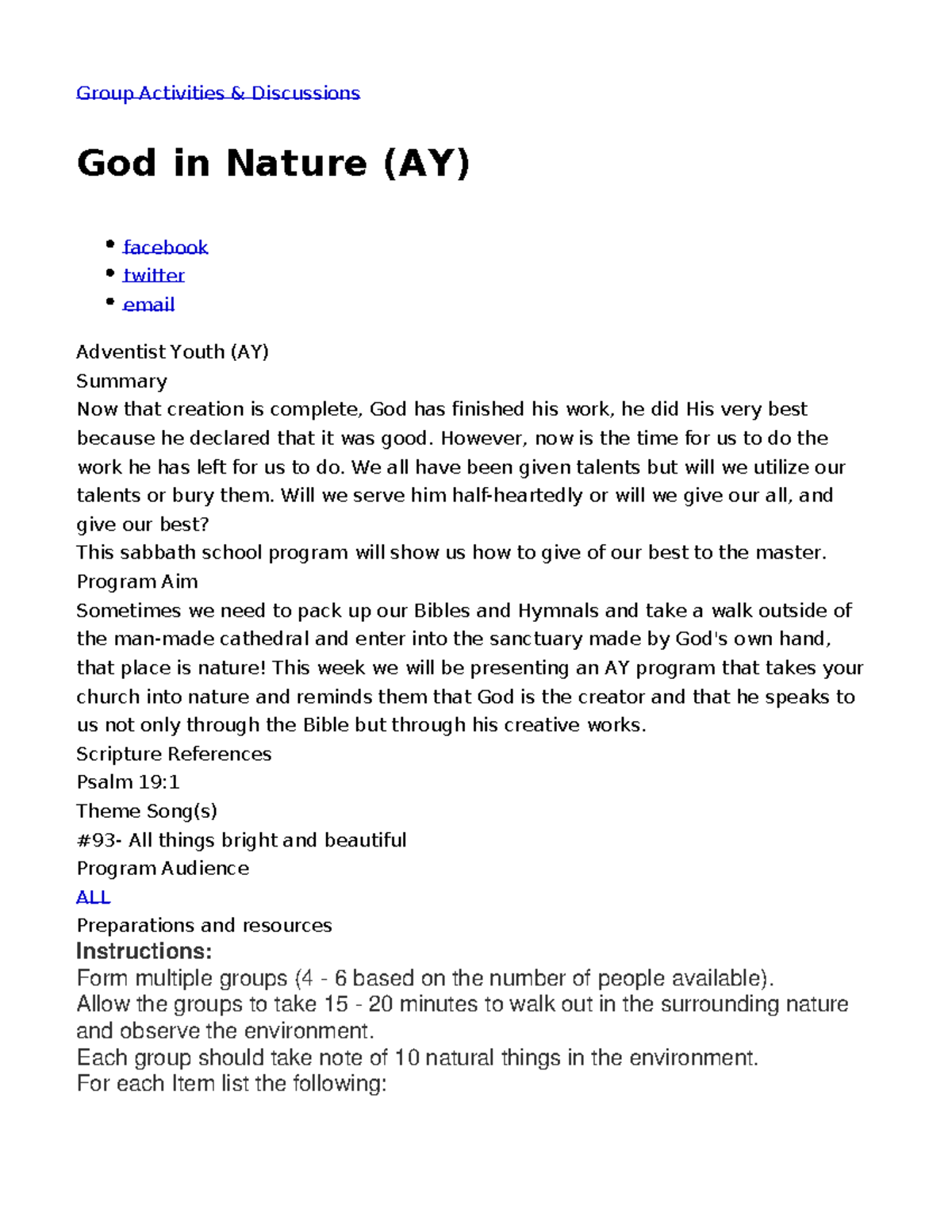 God in Nature AY - Outdoor Program Activities & Discussions - Studocu