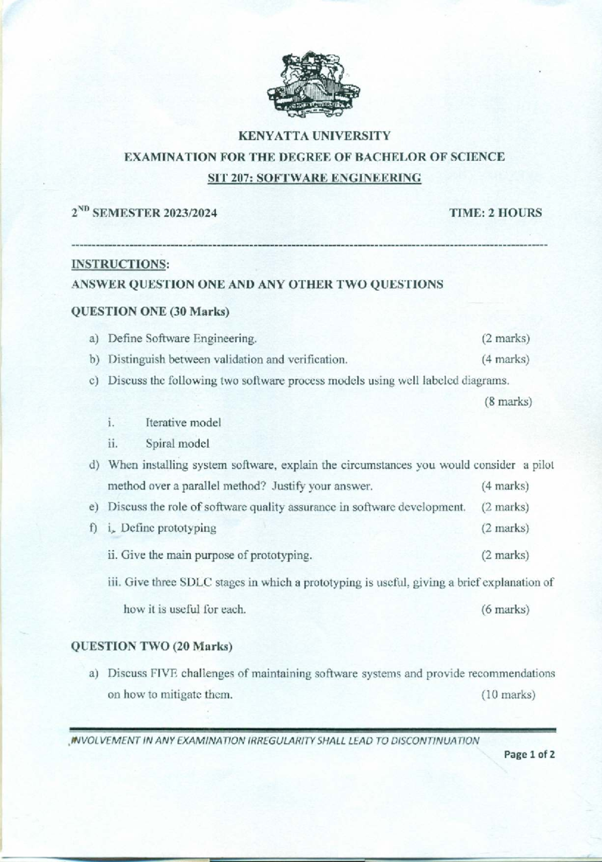 SIT 207 - Software Engineering 2nd Semester Exam Questions and ...