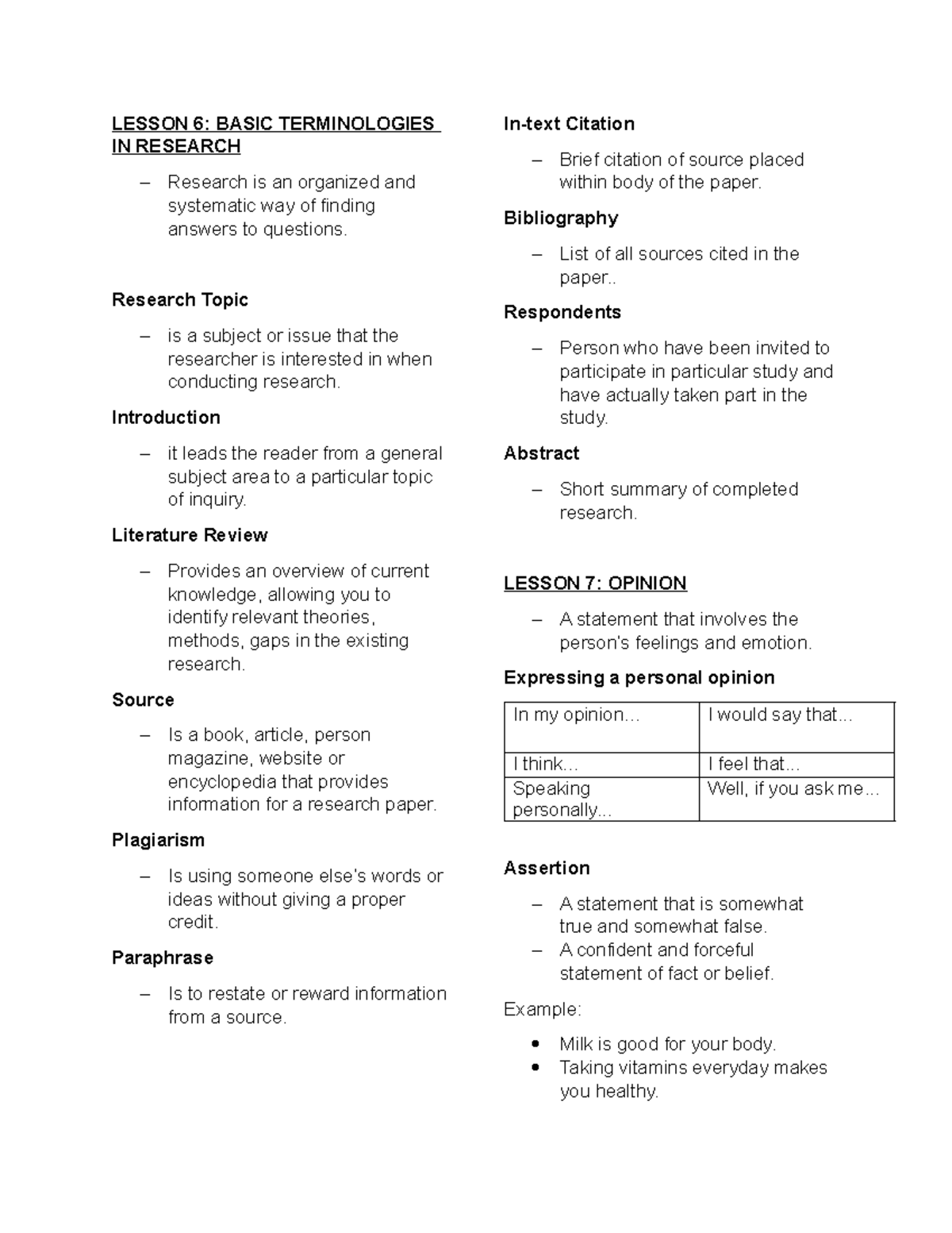 ENG Q2 Lesson 6-8: Key Research Terminologies & Opinion Concepts - Studocu