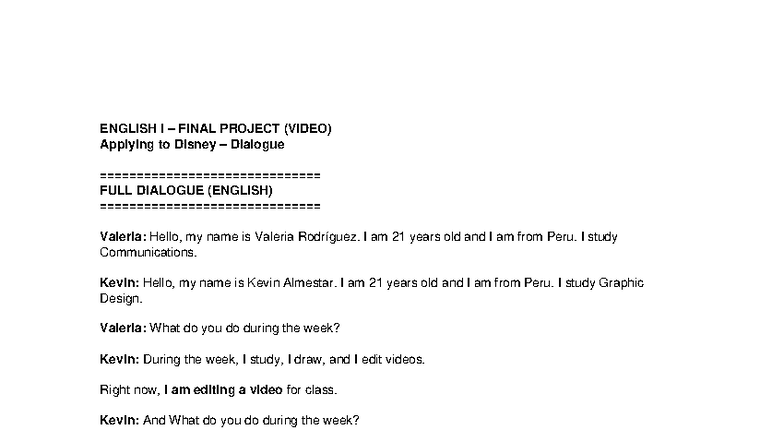 ENGLISH I FINAL PROJECT (VIDEO) Disney Dialogue Transcript - Studocu