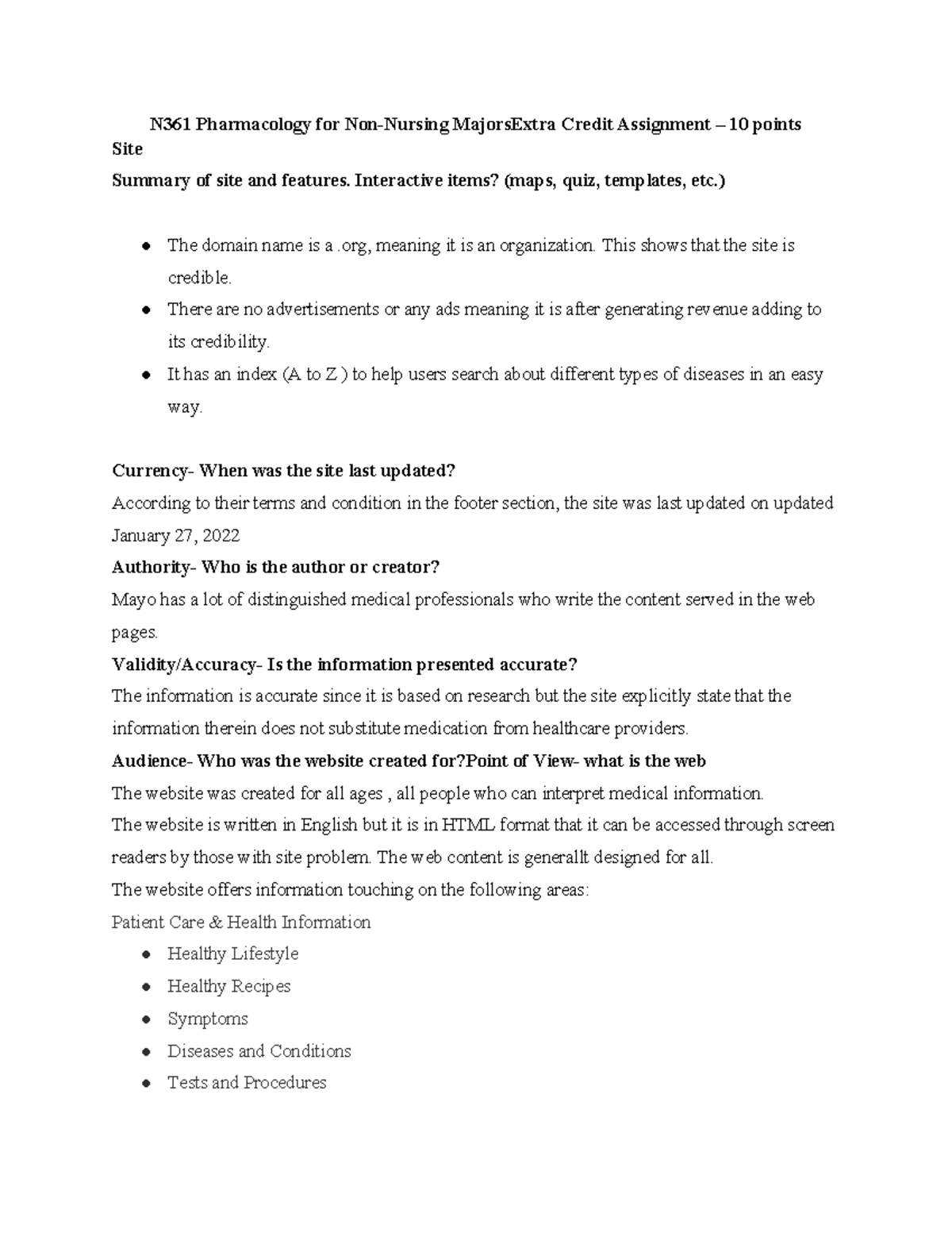 N361 Pharmacology Extra Credit Assignment Summary & Site Analysis - Studocu