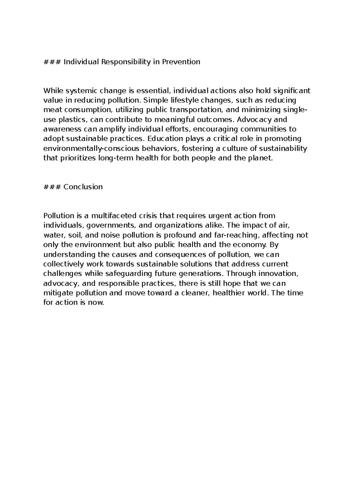 Individual Responsibility in Pollution Prevention: A Call to Action ...