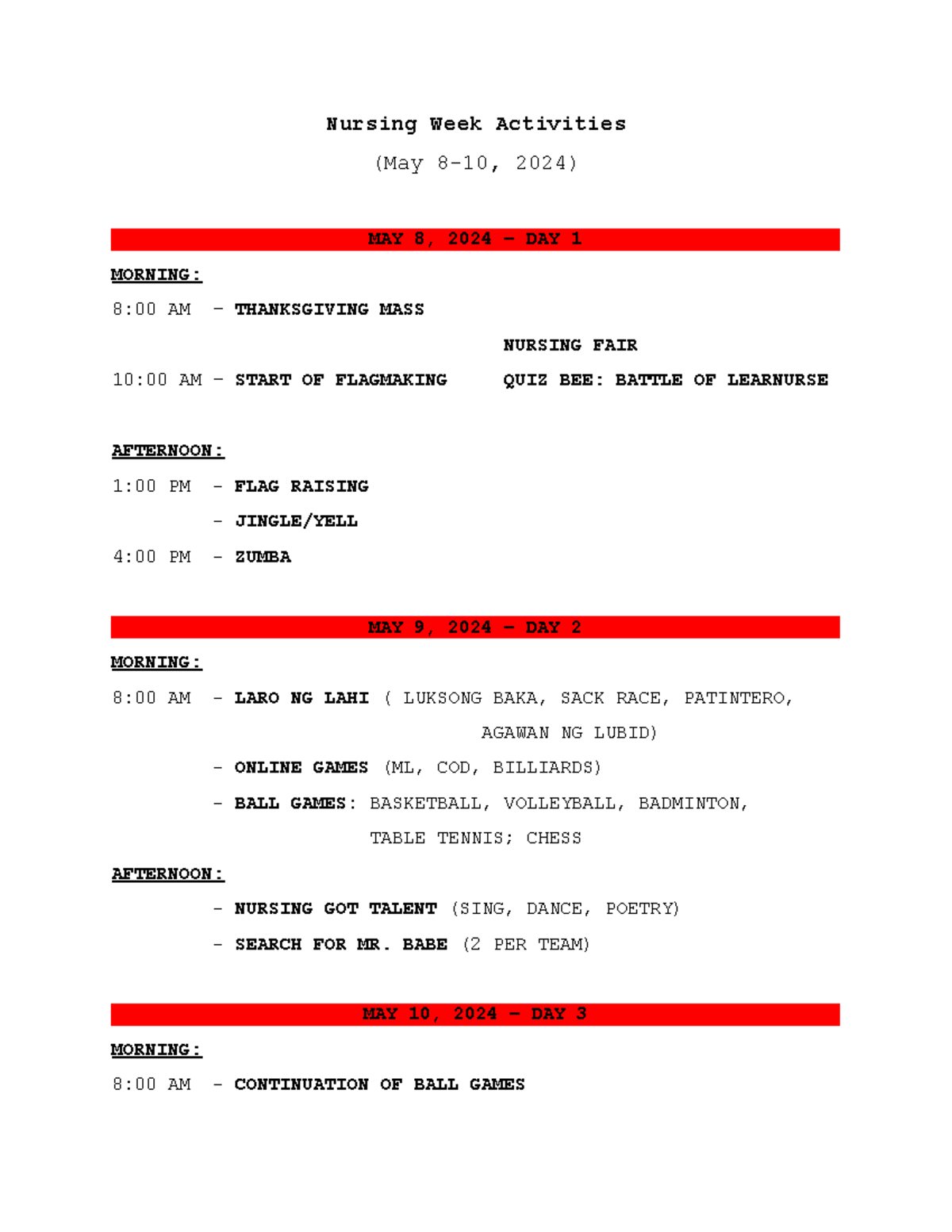 Nursing Week Activities Schedule 011326 (May 8-10, 2024) - Studocu