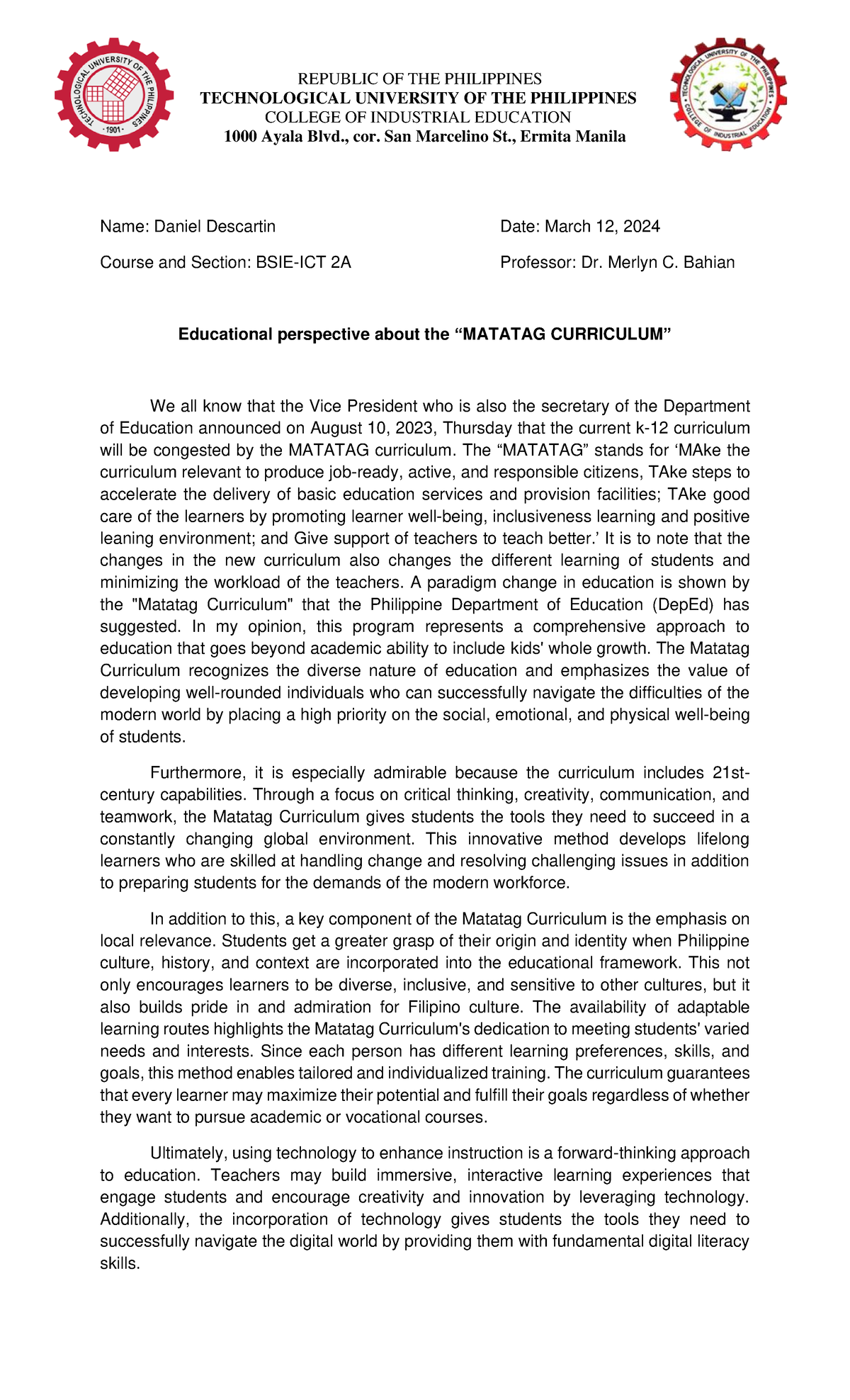 TASK#4 Descartin - essay about the matatag curriculum - REPUBLIC OF THE ...