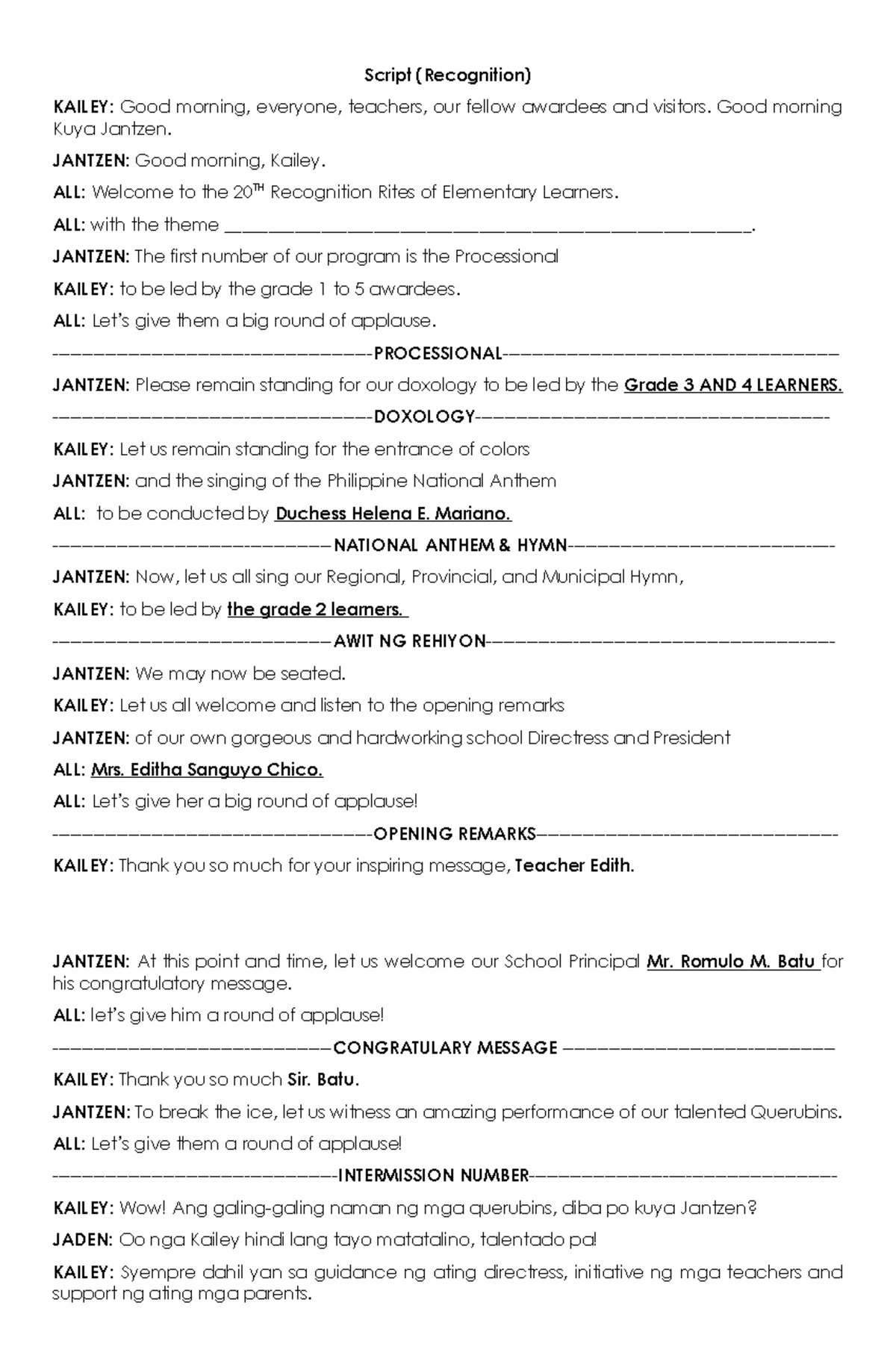 Recognition Ceremony Script for Elementary Learners - Studocu
