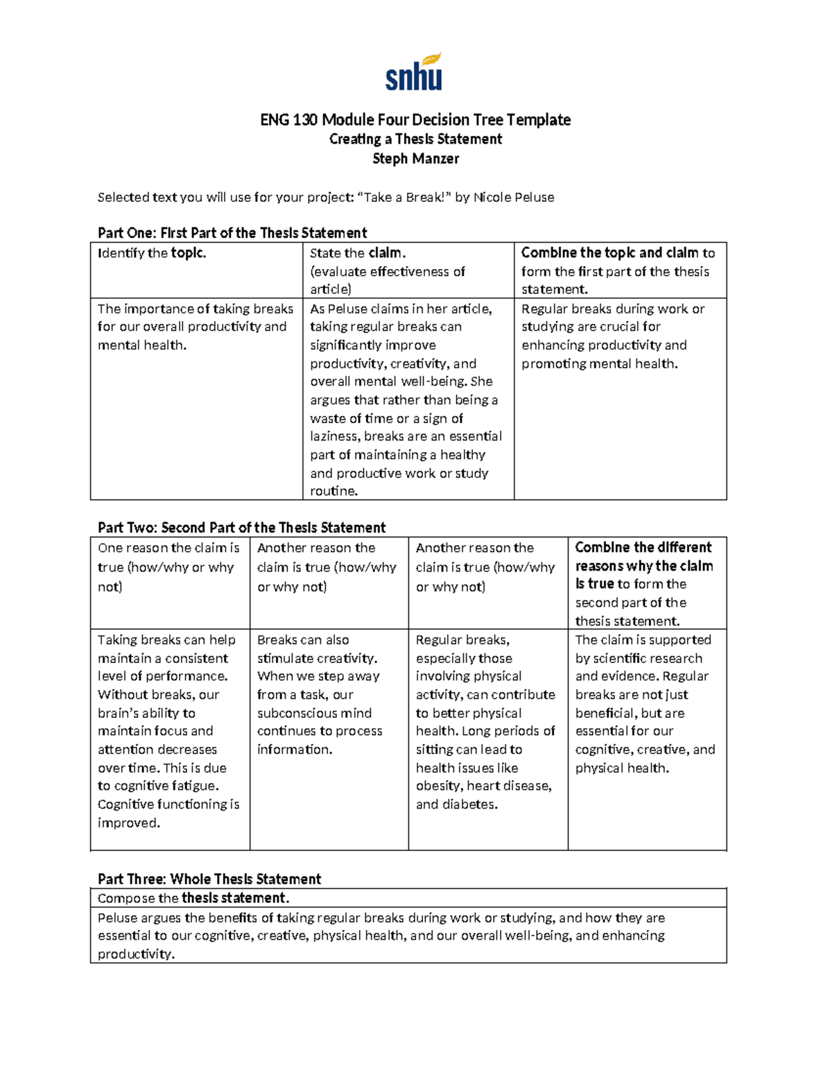 ENG 130 Thesis Statement on the Benefits of Taking Breaks - Studocu