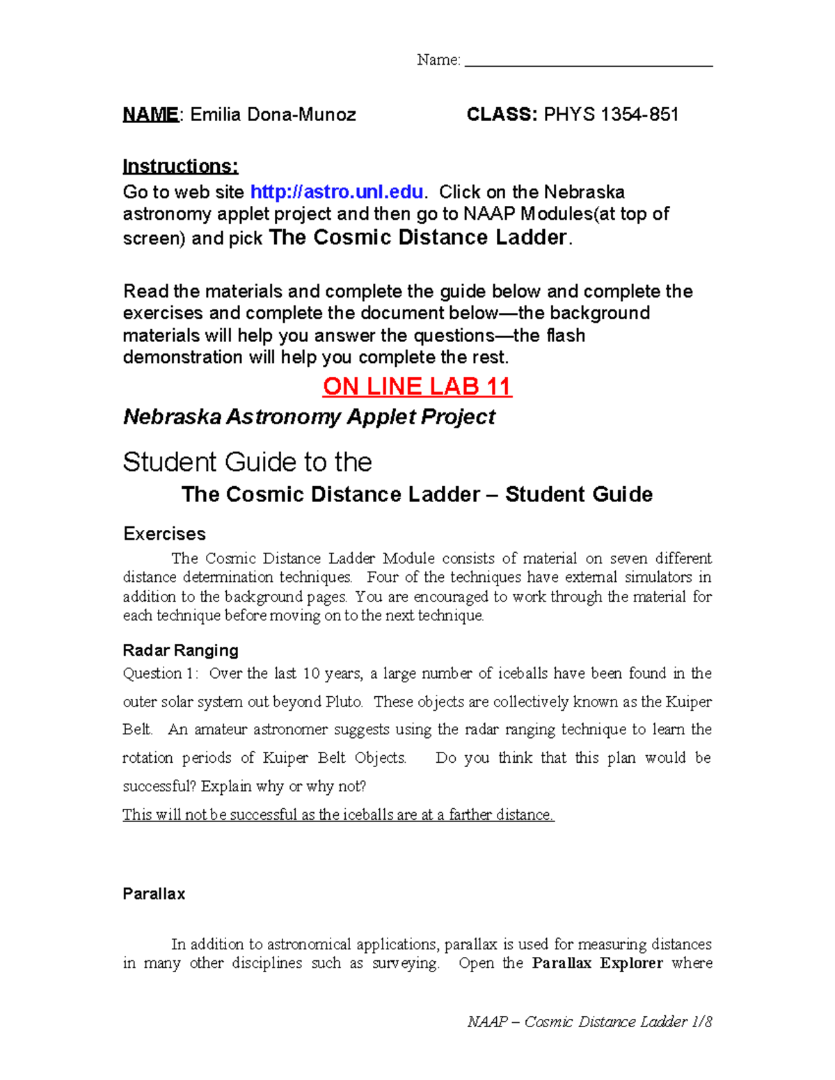 Cosmic Distance Ladder Lab Guide: PHYS Instructions and Exercises - Studocu