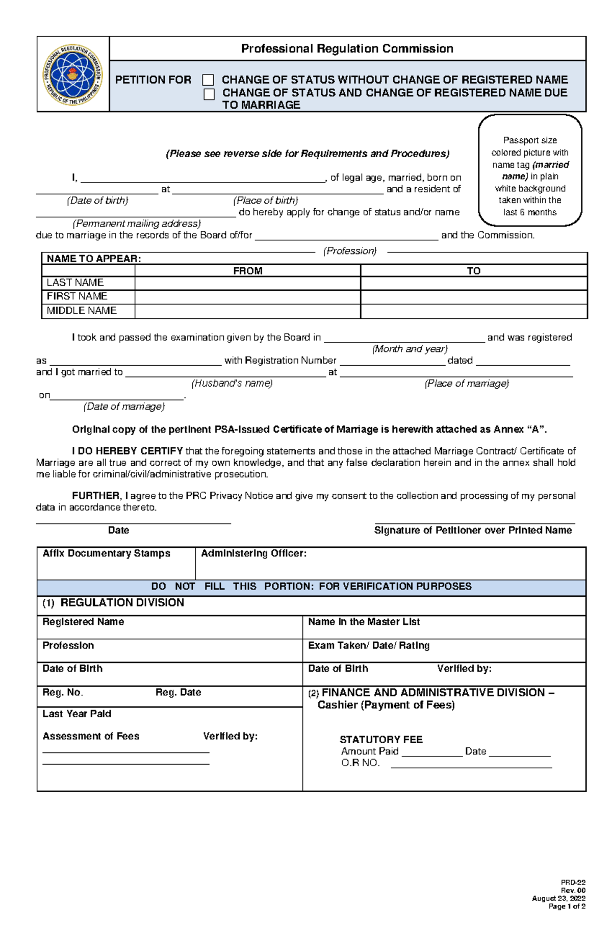 PRC-22 Petition for Change of Status & Name Due to Marriage - Studocu