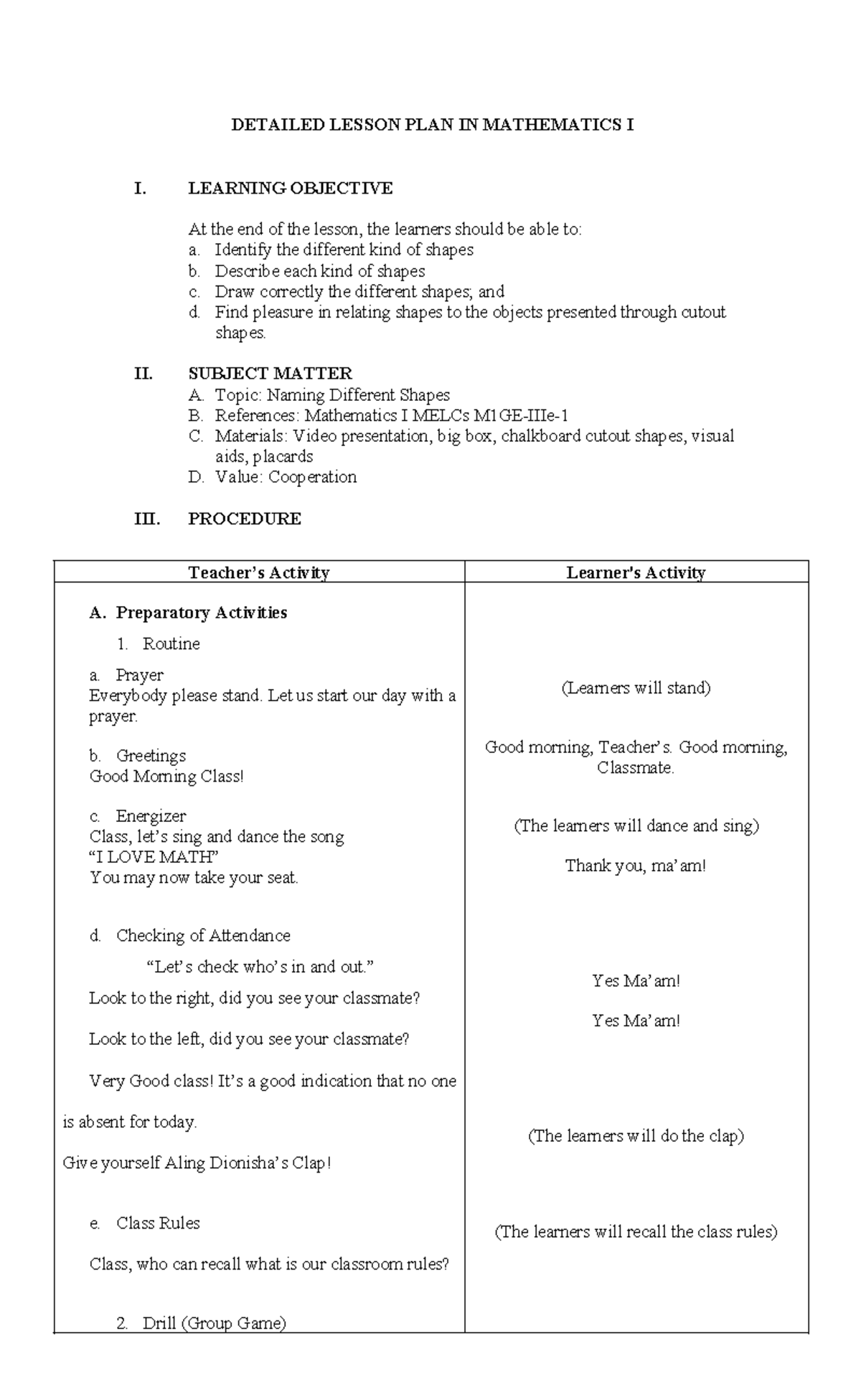 Lesson Plan in Math I - 4th Quarter: Exploring Shapes - Studocu