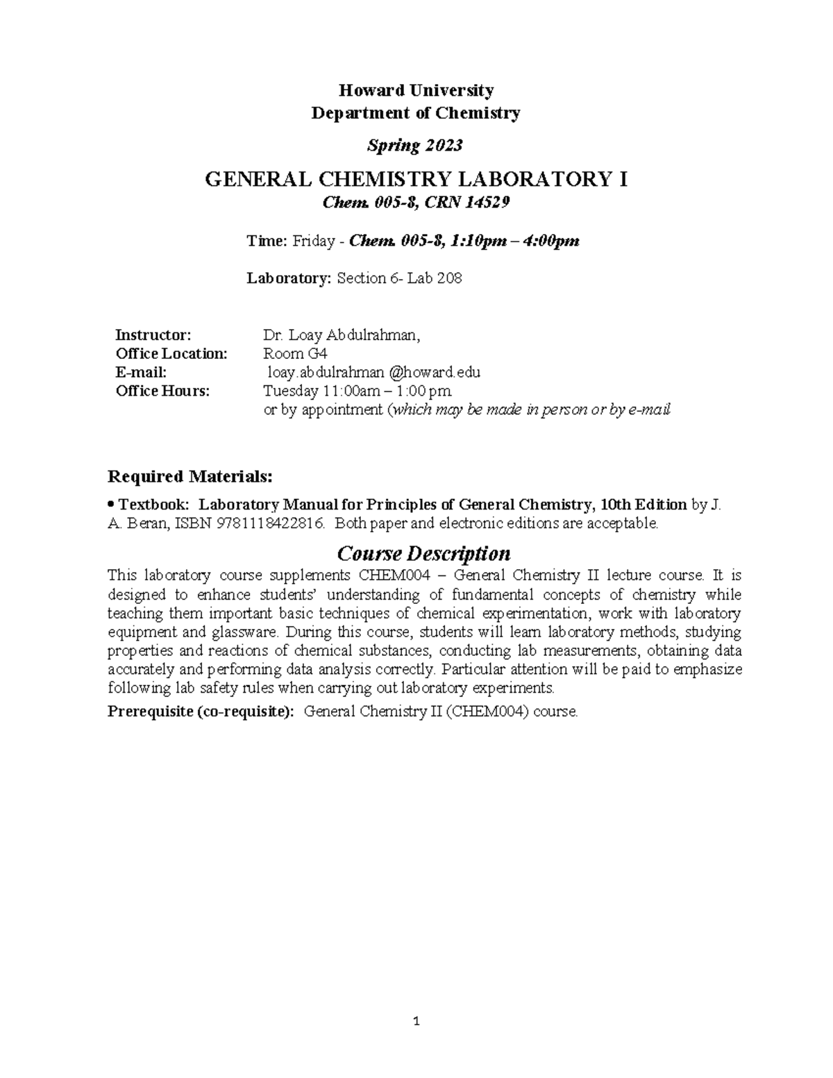 General Chemistry Laboratory I Syllabus - CHEM 005 Spring 2023 - Studocu