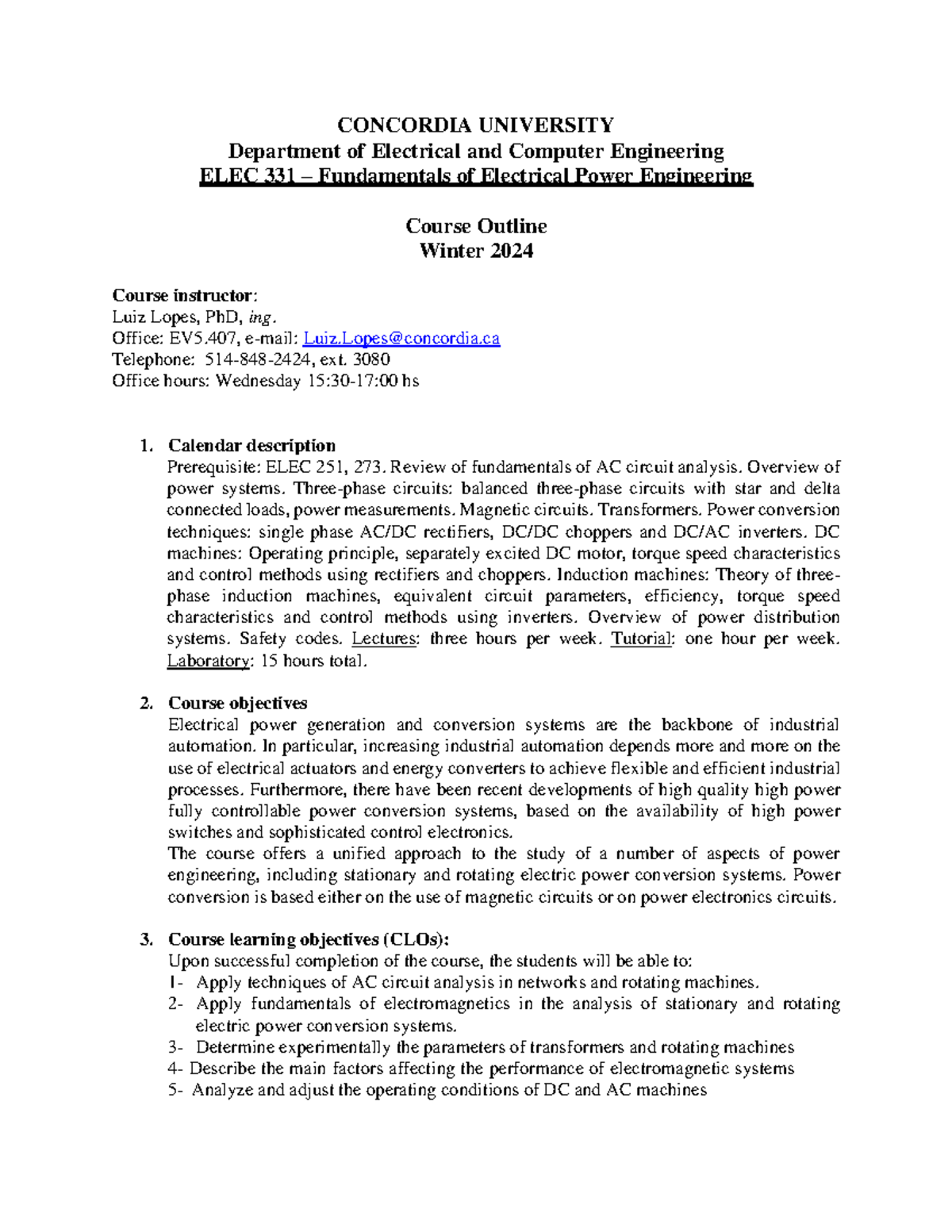 ELEC 331 - Power Engineering Course Outline & Schedule Winter 2024 ...