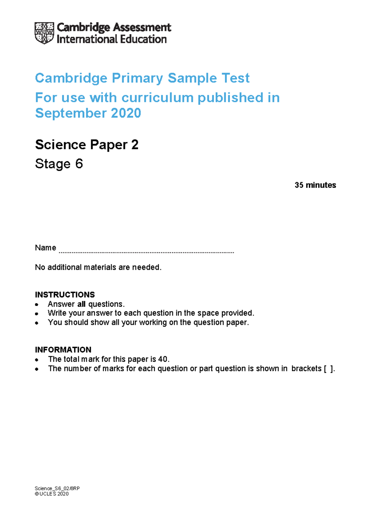 Science Stage 6 Sample Paper 2 - tcm142-595413 (UCLES 2020) - Studocu
