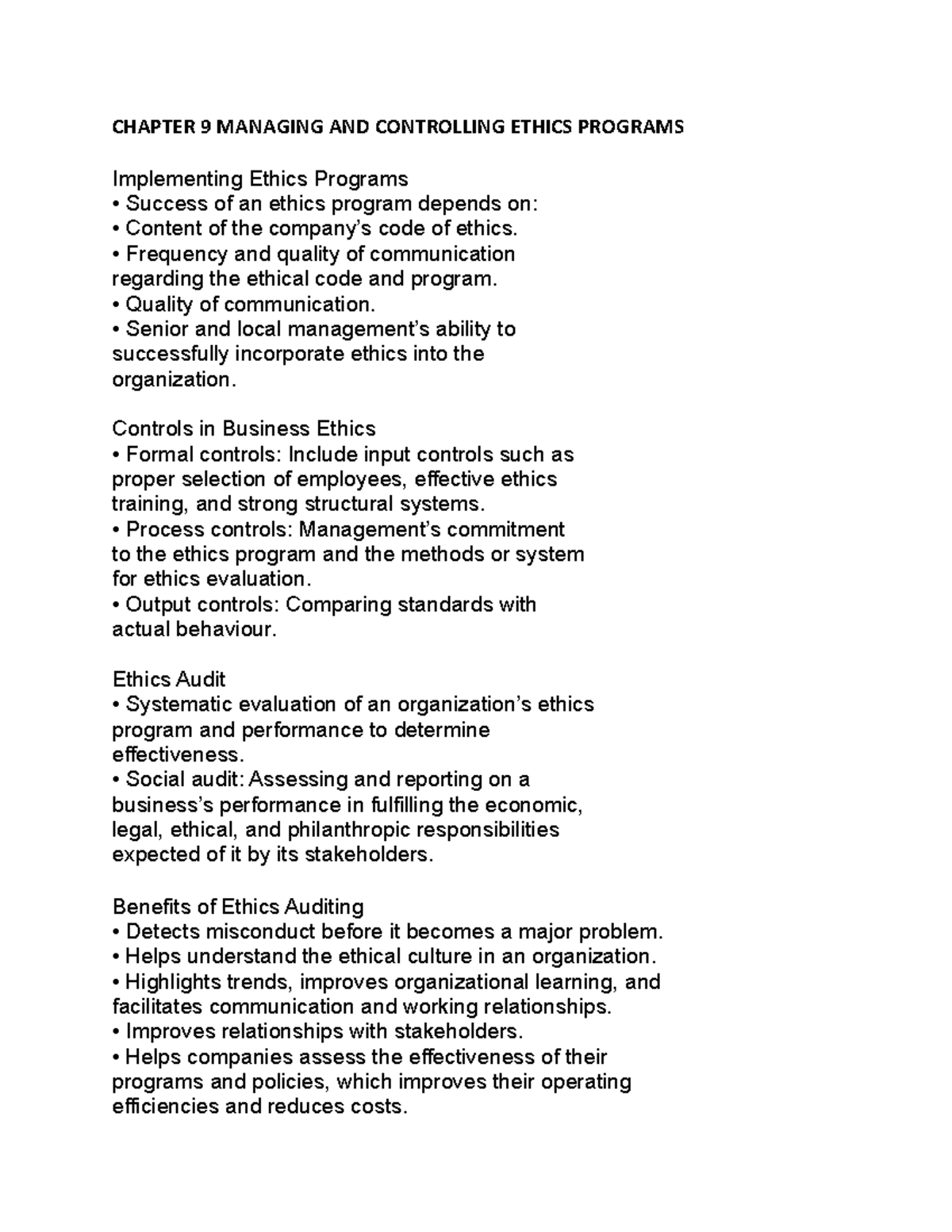 Chapter 9: Managing & Controlling Ethics Programs for Success - Studocu