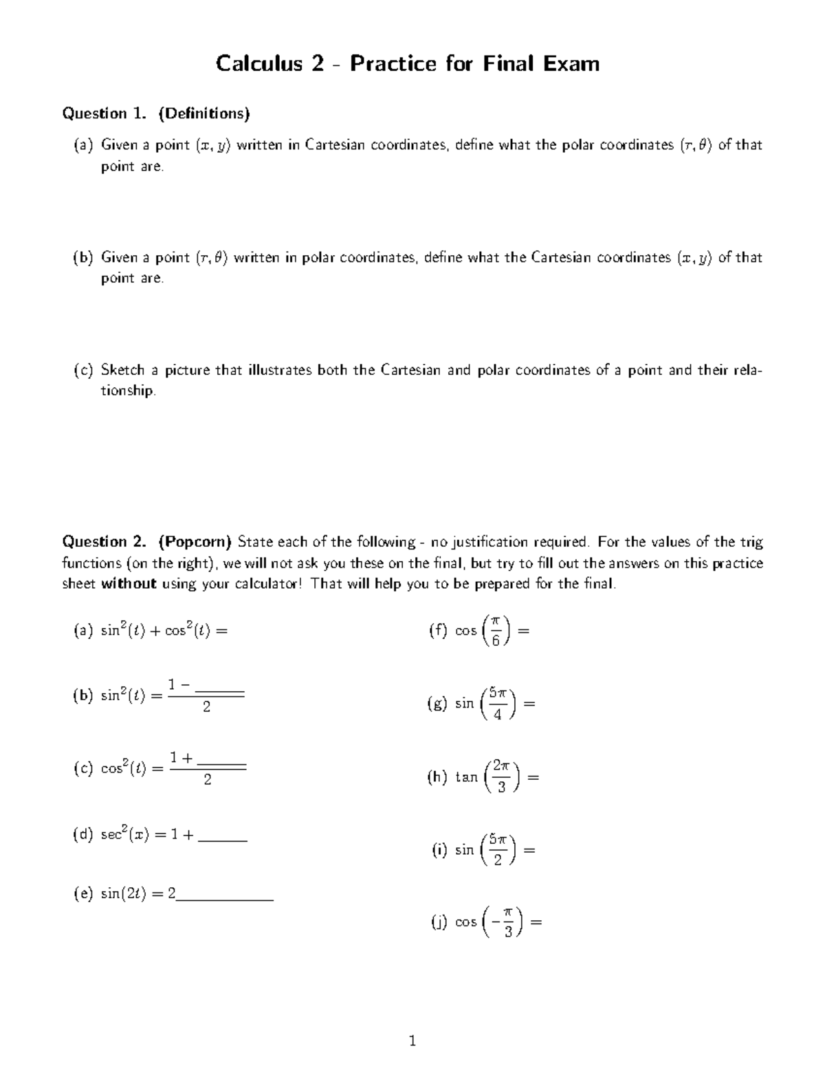 Calculus 2 Final Exam Practice Questions and Solutions - Studocu