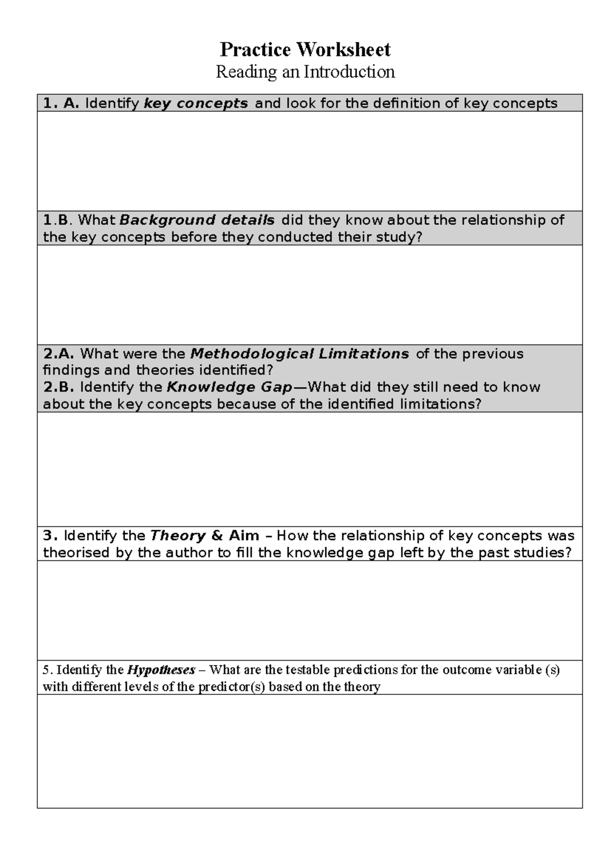 Reading an Intro Practice Worksheet: Key Concepts & Theories - Studocu