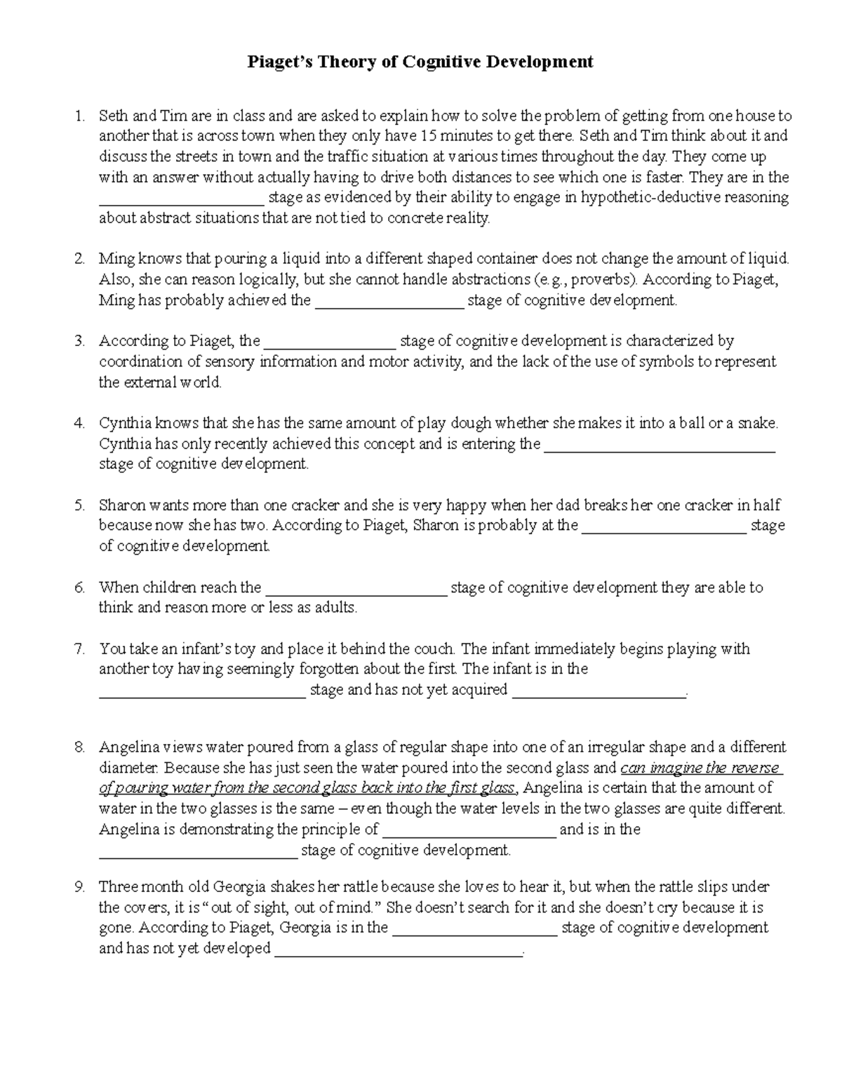 Piaget's Stages of Cognitive Development: Worksheet for Understanding ...
