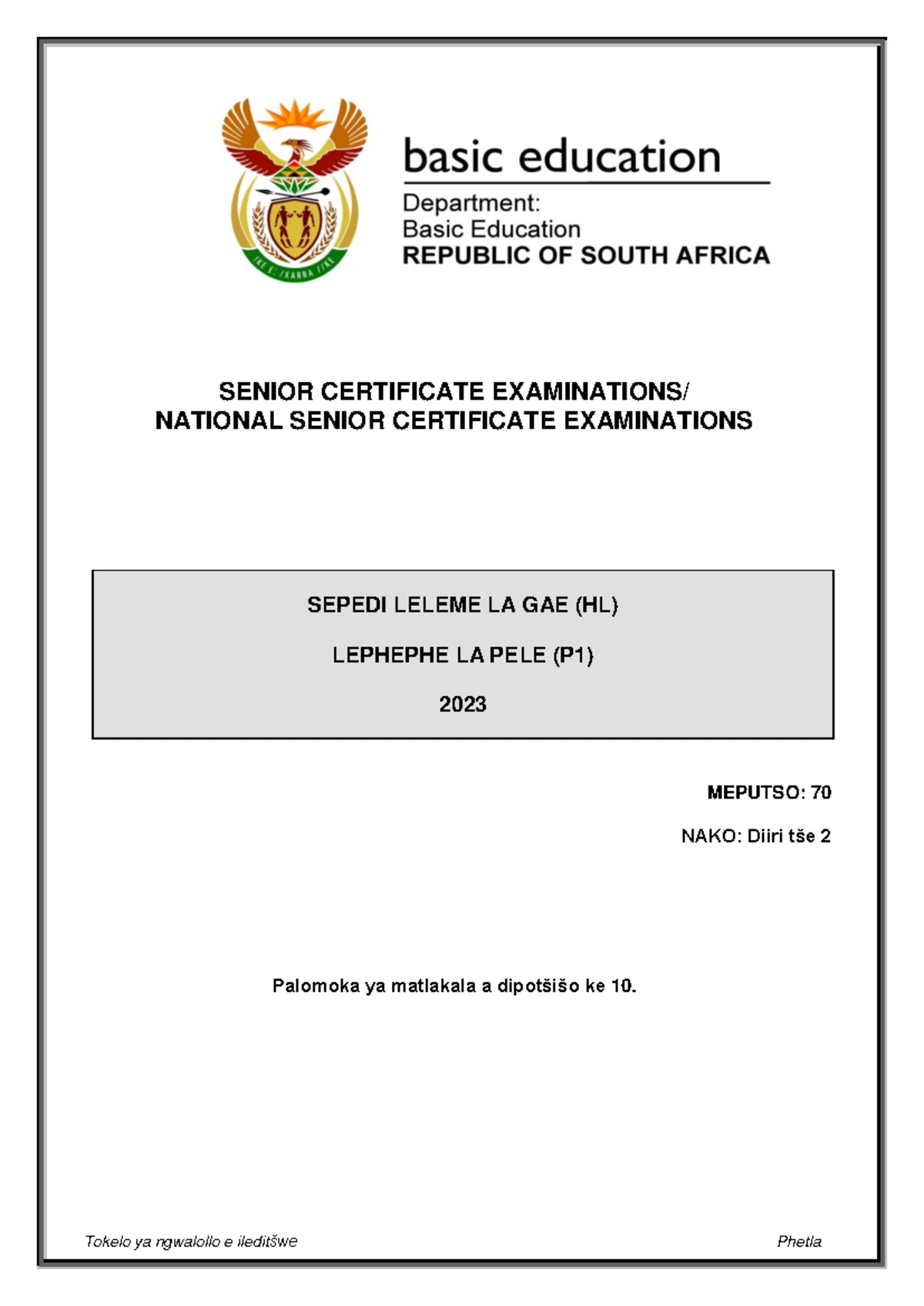 Sepedi HL NSC P2 Exam Paper - May/June 2021 - Studocu